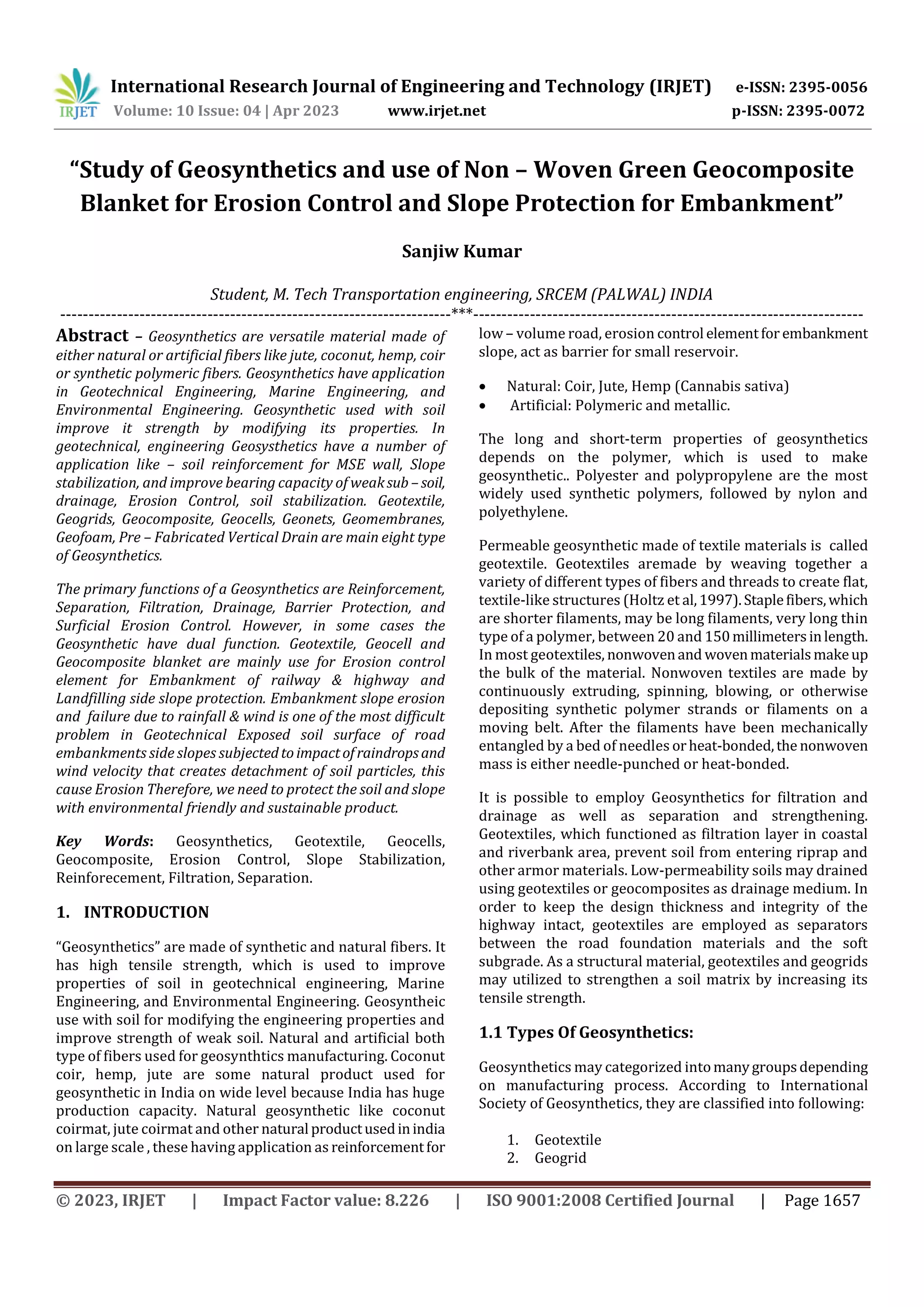 “Study of Geosynthetics and use of Non – Woven Green Geocomposite Blanket for Erosion Control ...