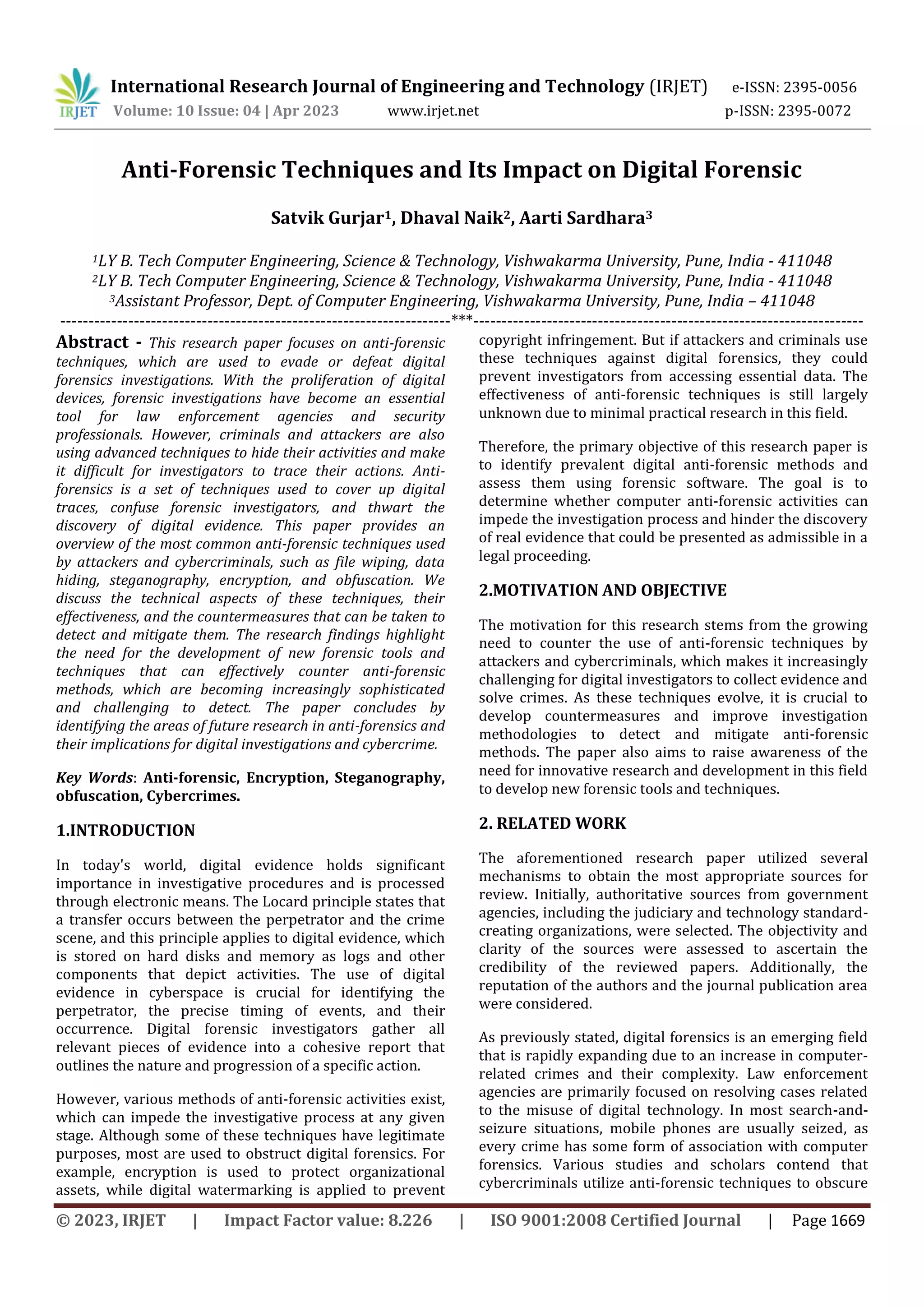 Anti-Forensic Techniques and Its Impact on Digital Forensic | PDF