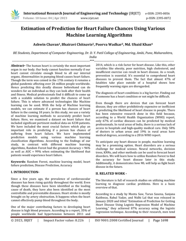 Estimation of Prediction for Heart Failure Chances Using Various Machine Learning Algorithms | PDF