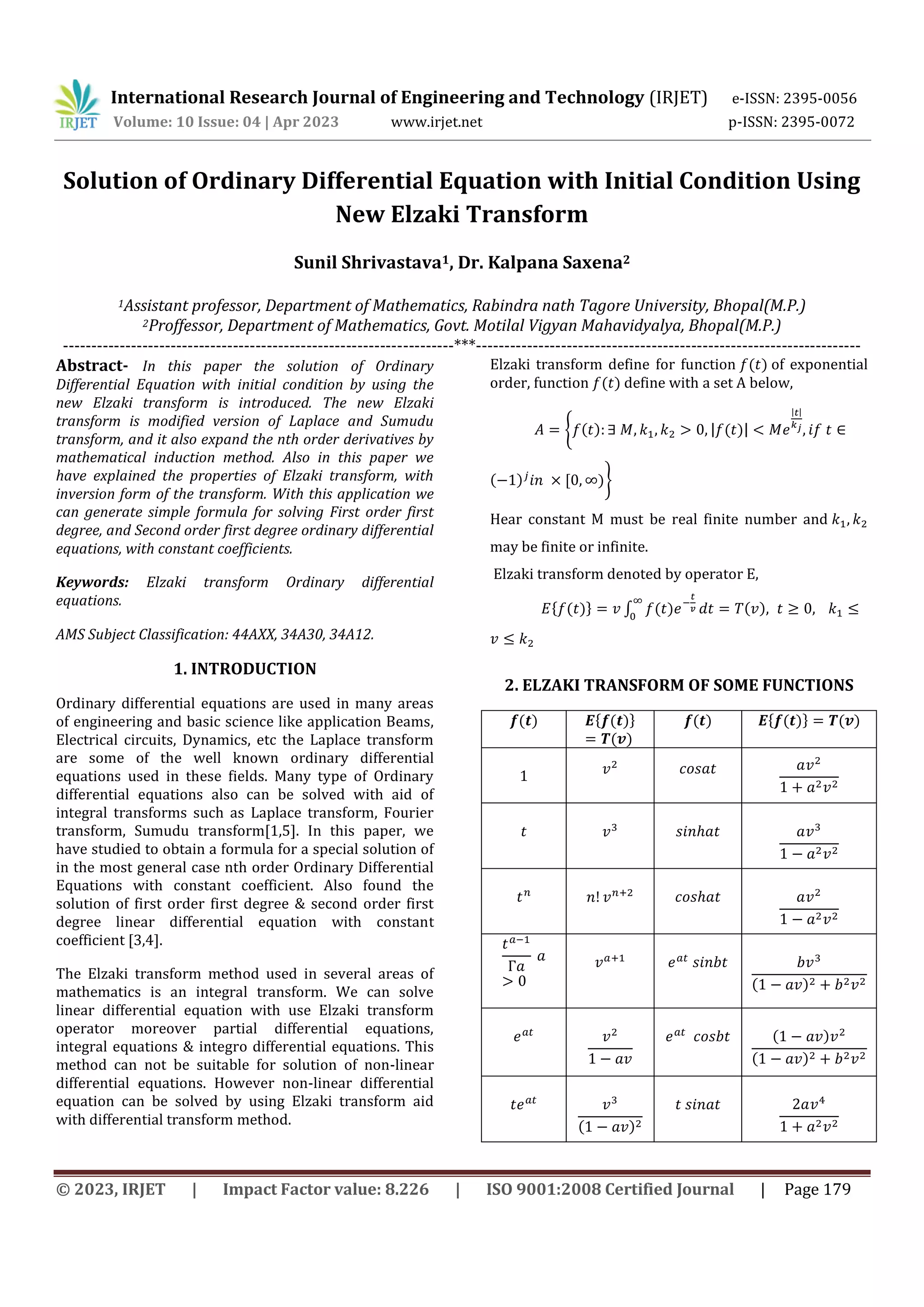 Solution Of Ordinary Differential Equation With Initial Condition Using New Elzaki Transform Pdf