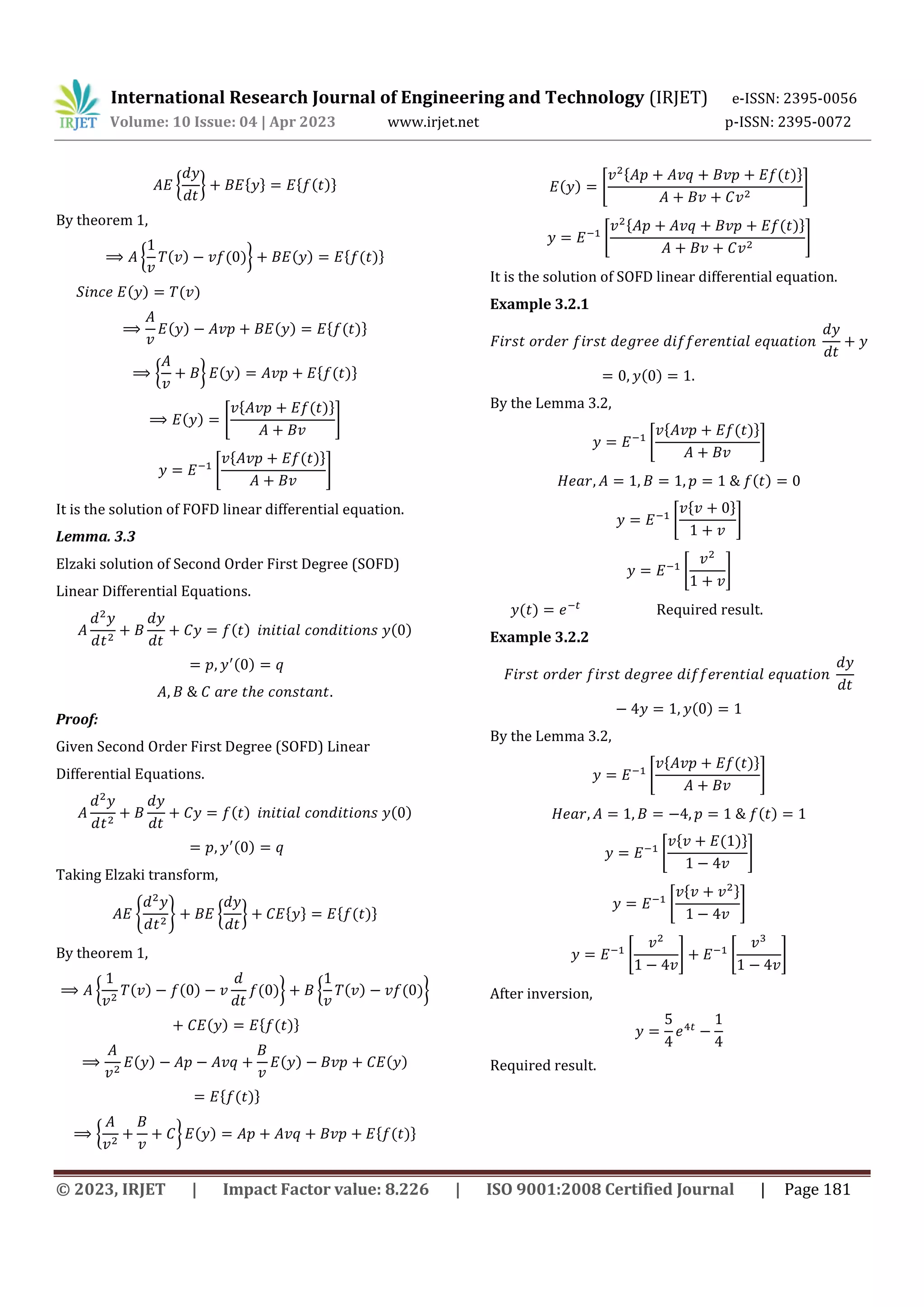Solution of Ordinary Differential Equation with Initial Condition Using New Elzaki Transform | PDF