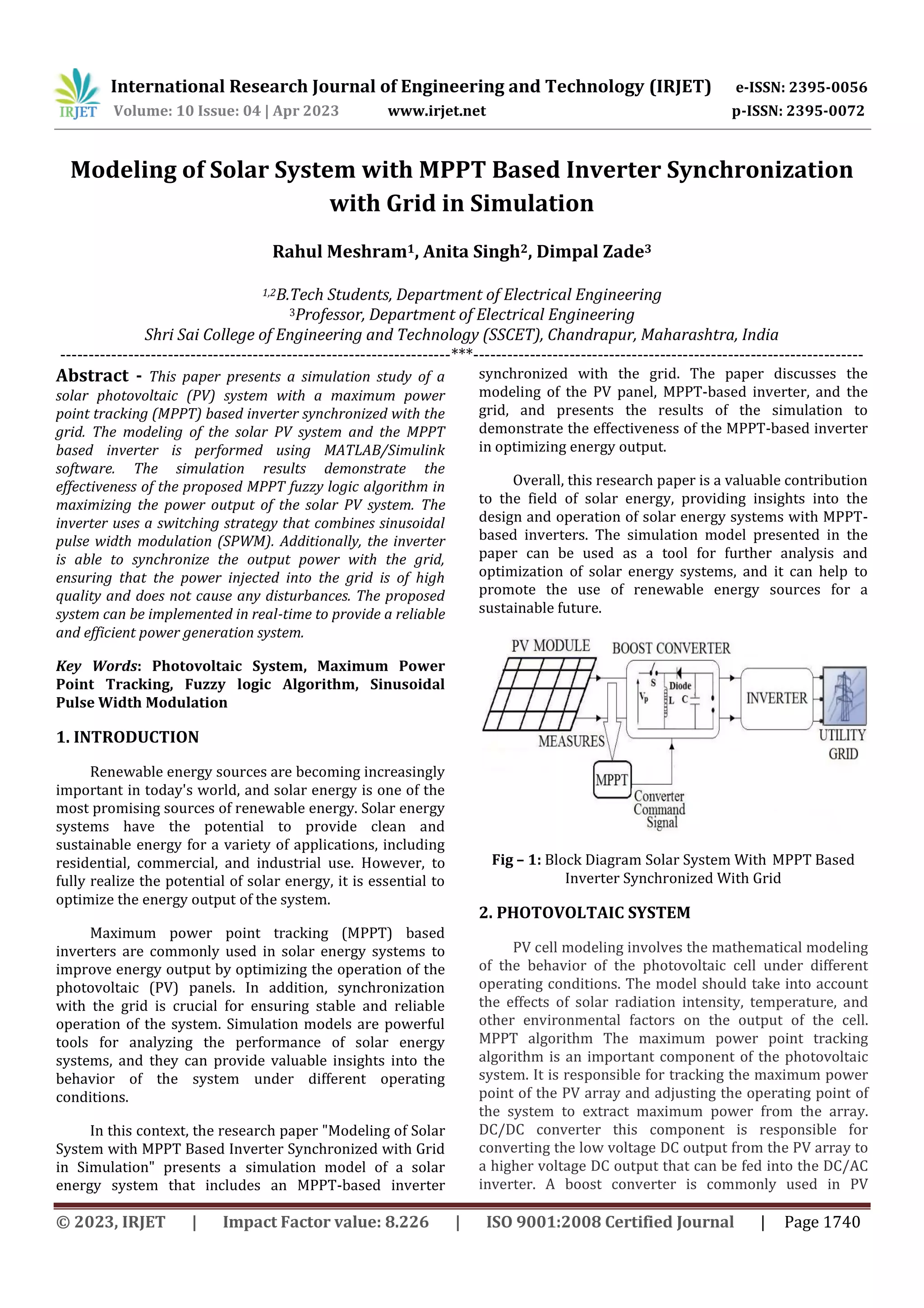 Modeling of Solar System with MPPT Based Inverter Synchronization with Grid in Simulation | PDF