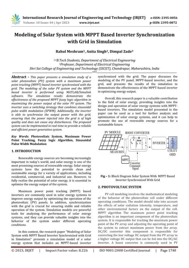 Modeling of Solar System with MPPT Based Inverter Synchronization with Grid in Simulation | PDF