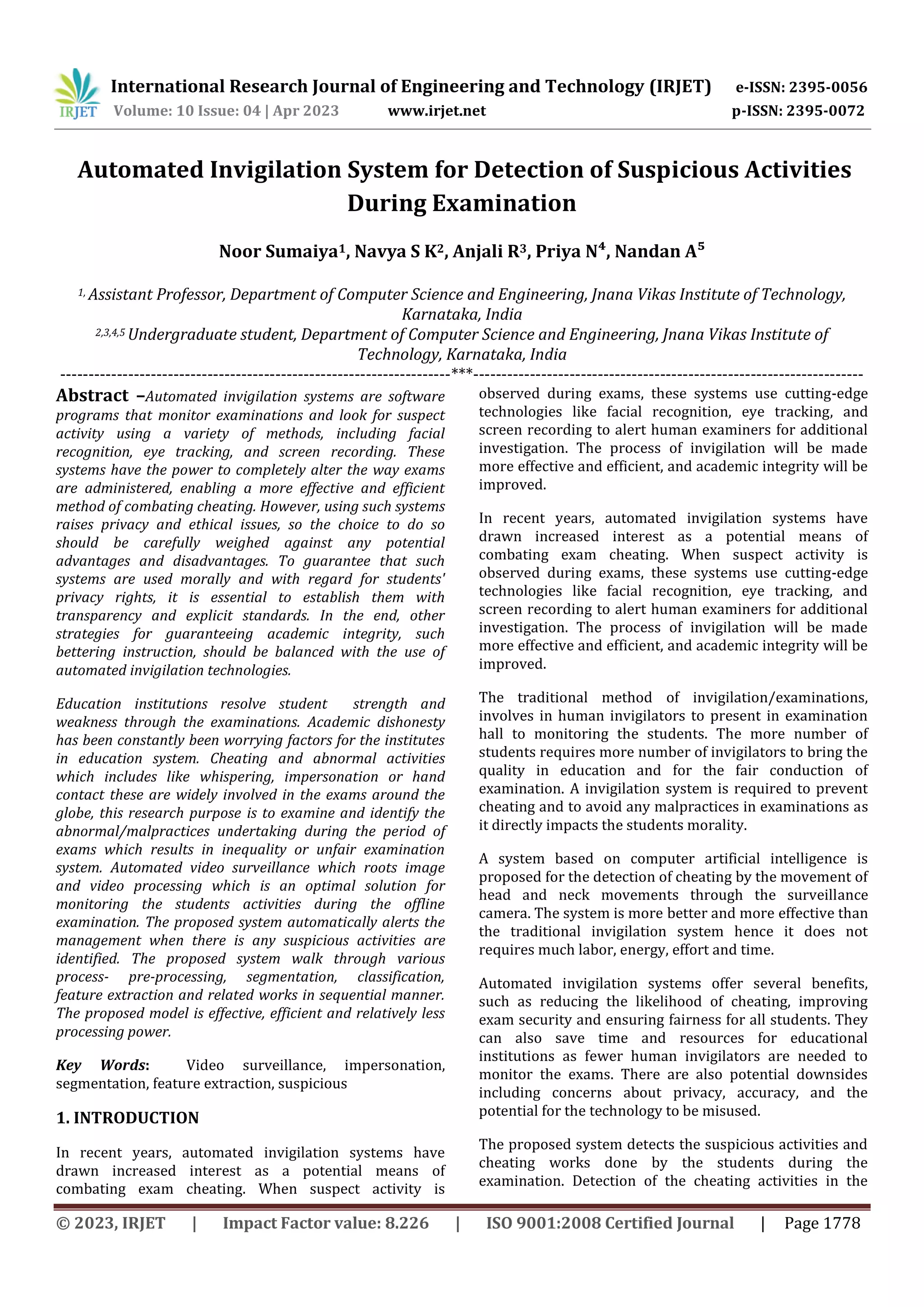 Automated Invigilation System for Detection of Suspicious Activities During Examination | PDF