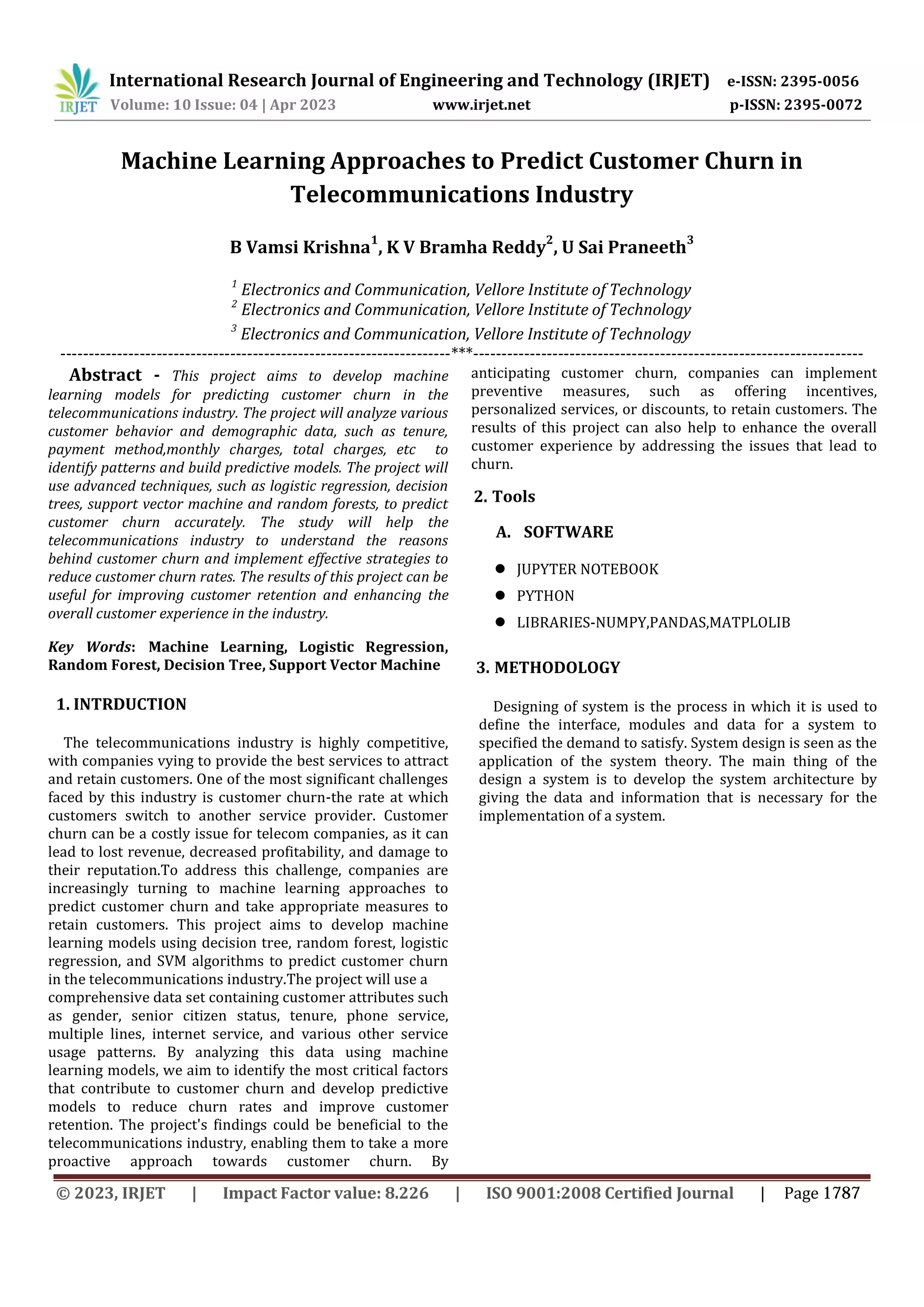 Machine Learning Approaches to Predict Customer Churn in Telecommunications Industry | PDF