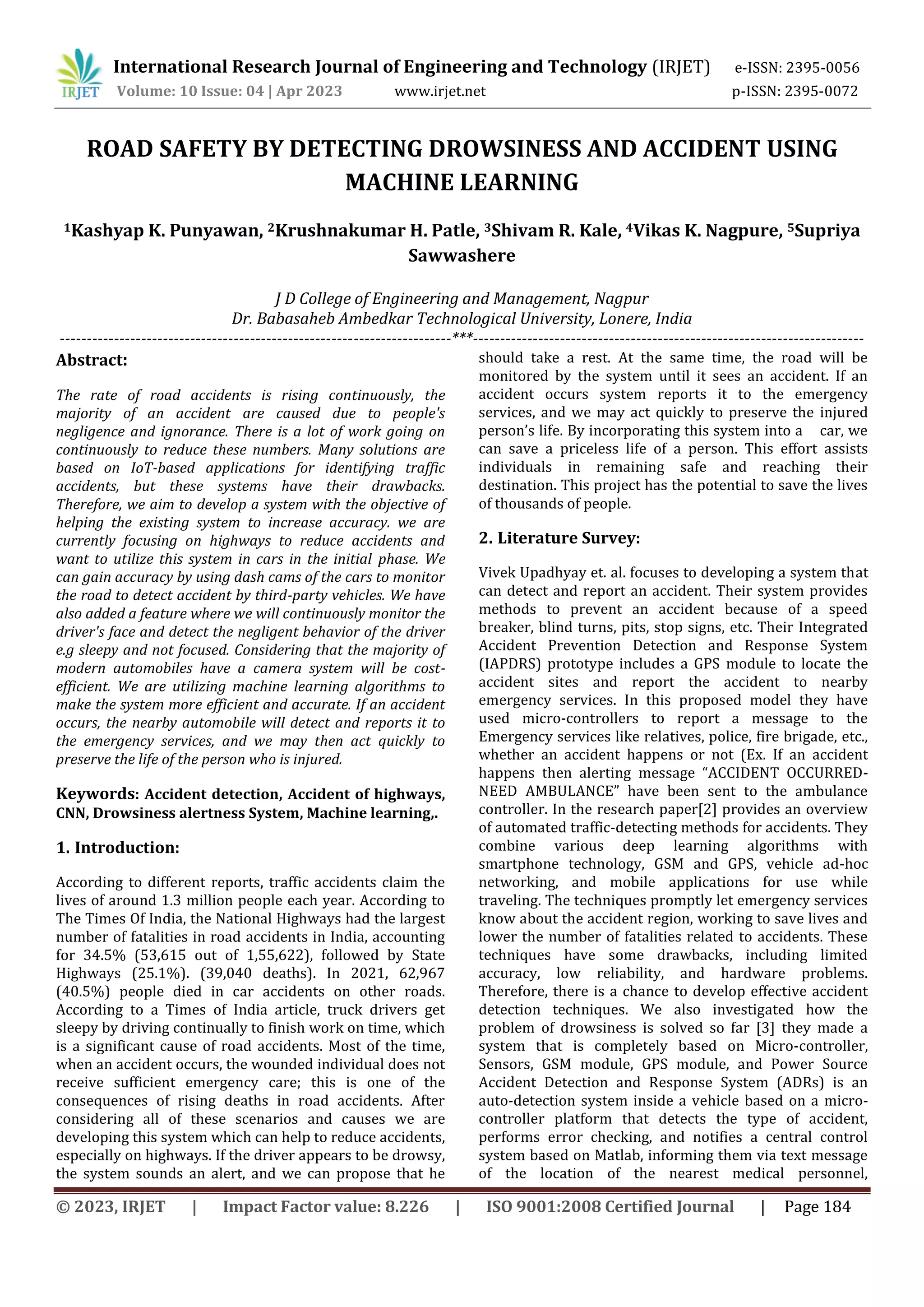 ROAD SAFETY BY DETECTING DROWSINESS AND ACCIDENT USING MACHINE LEARNING | PDF