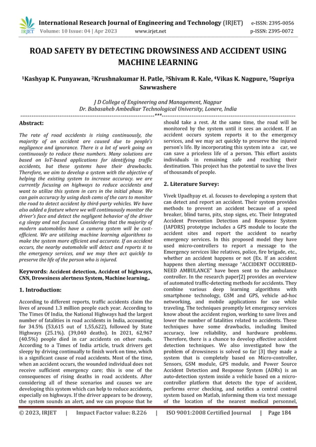 ROAD SAFETY BY DETECTING DROWSINESS AND ACCIDENT USING MACHINE LEARNING | PDF