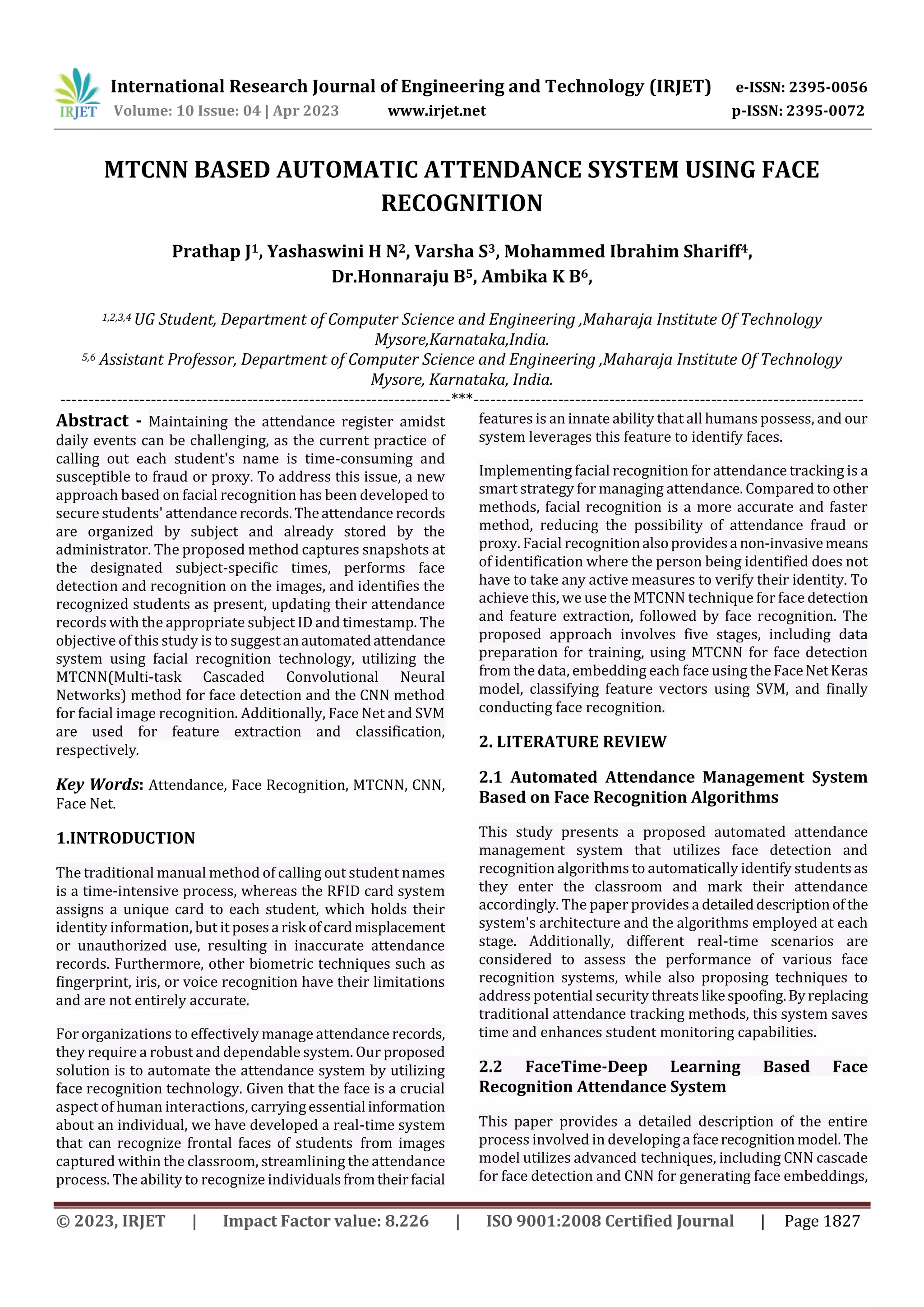 MTCNN BASED AUTOMATIC ATTENDANCE SYSTEM USING FACE RECOGNITION | PDF