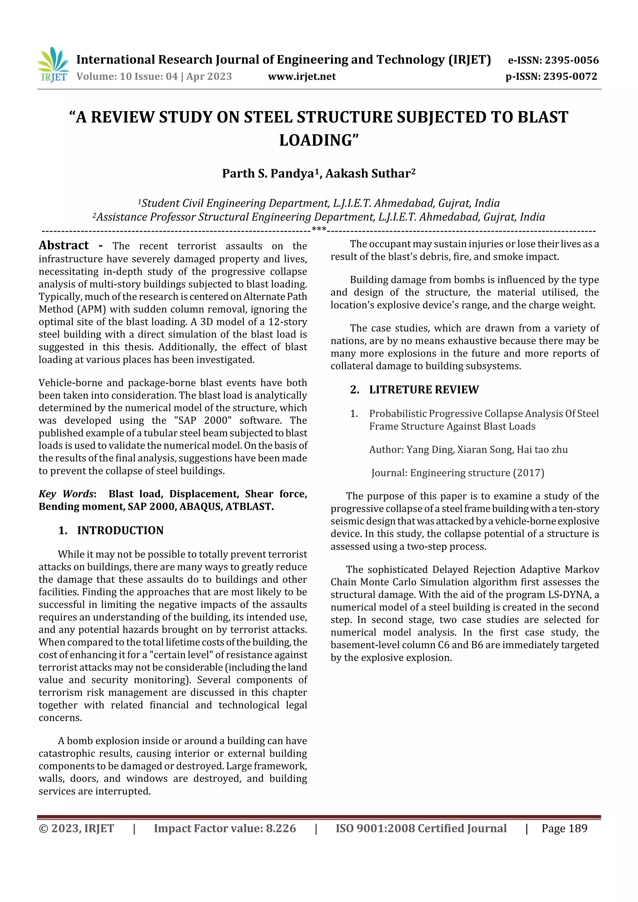 “A REVIEW STUDY ON STEEL STRUCTURE SUBJECTED TO BLAST LOADING” | PDF