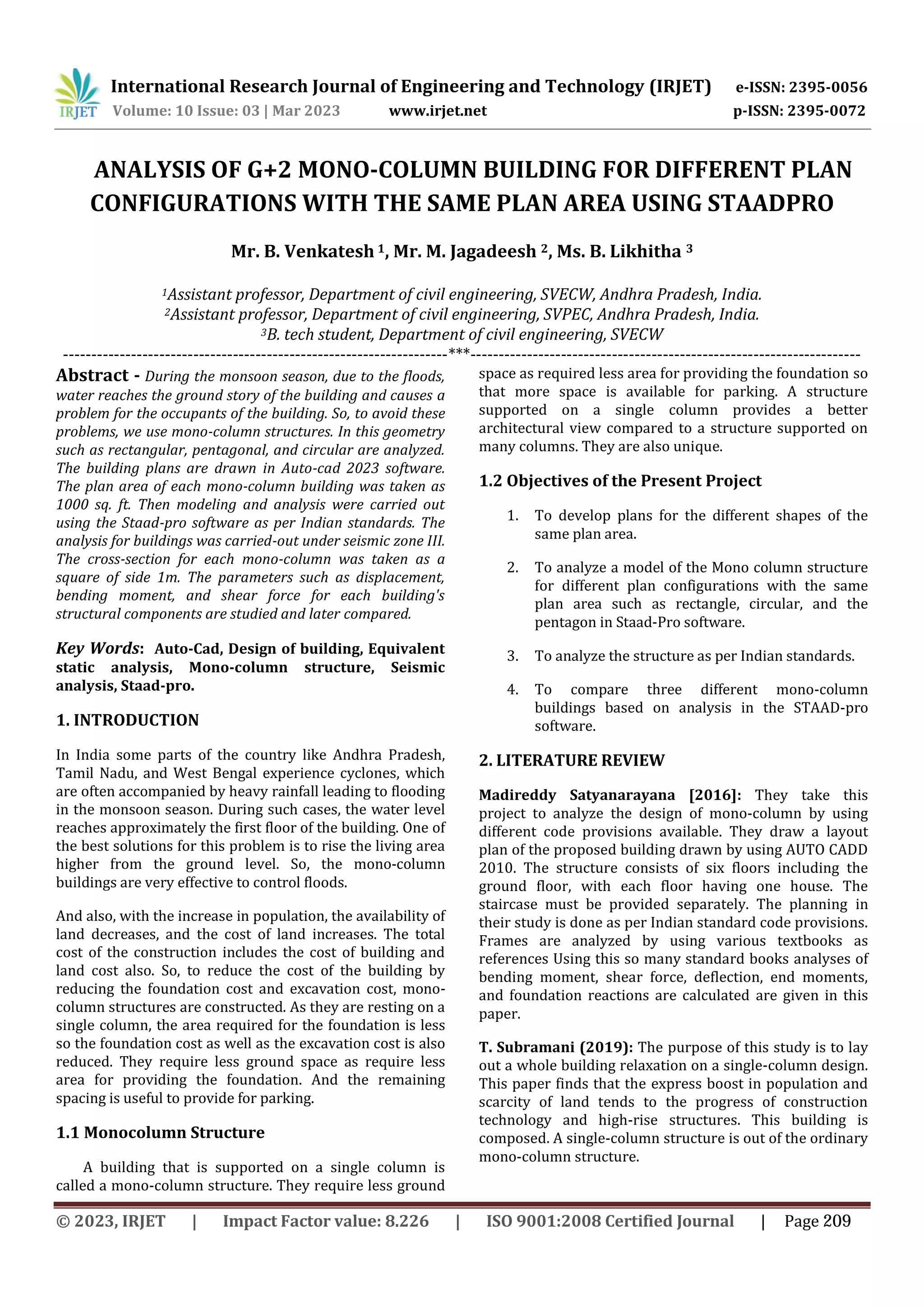 ANALYSIS OF G+2 MONO-COLUMN BUILDING FOR DIFFERENT PLAN CONFIGURATIONS ...