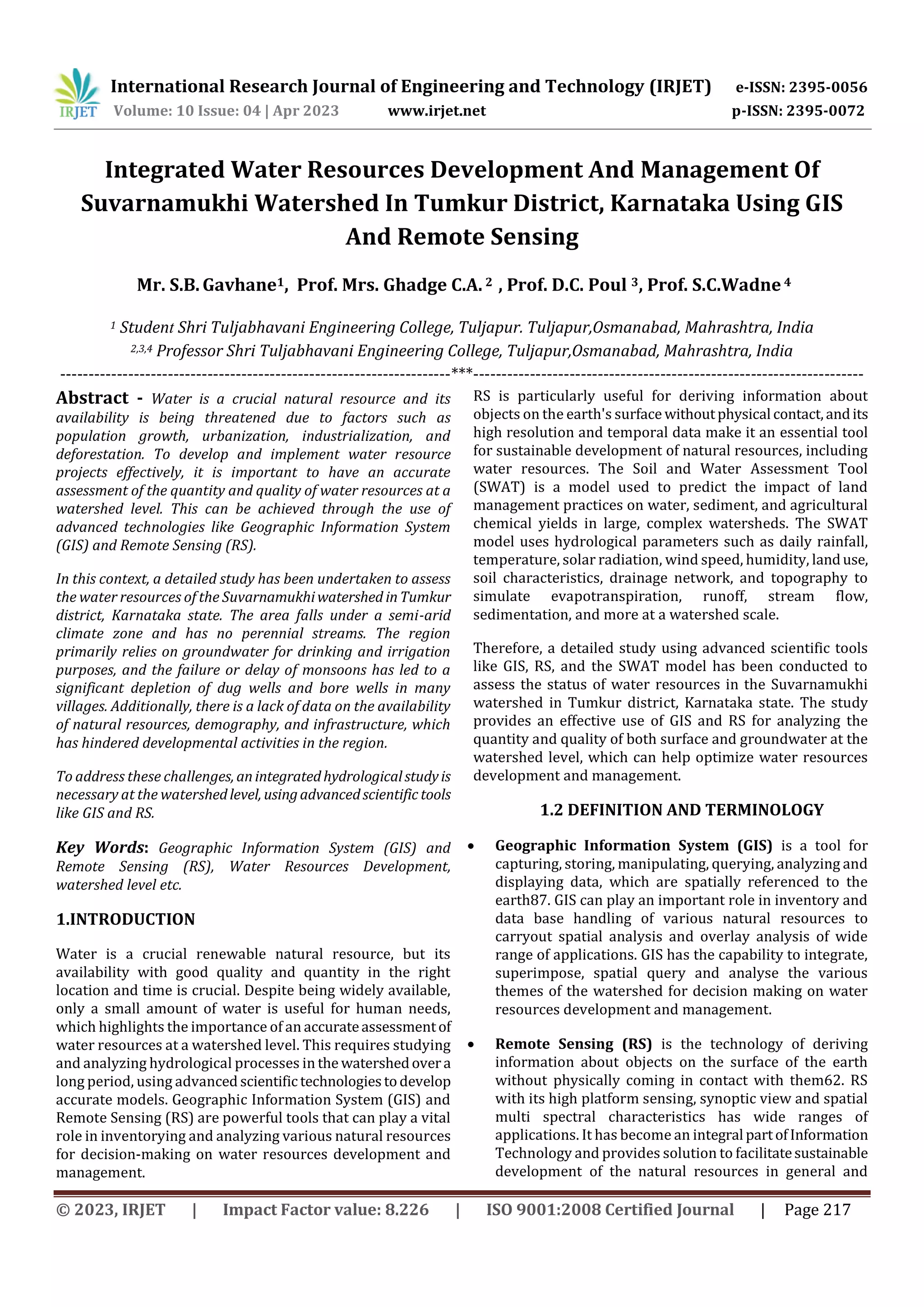 Integrated Water Resources Development And Management Of Suvarnamukhi Watershed In Tumkur ...