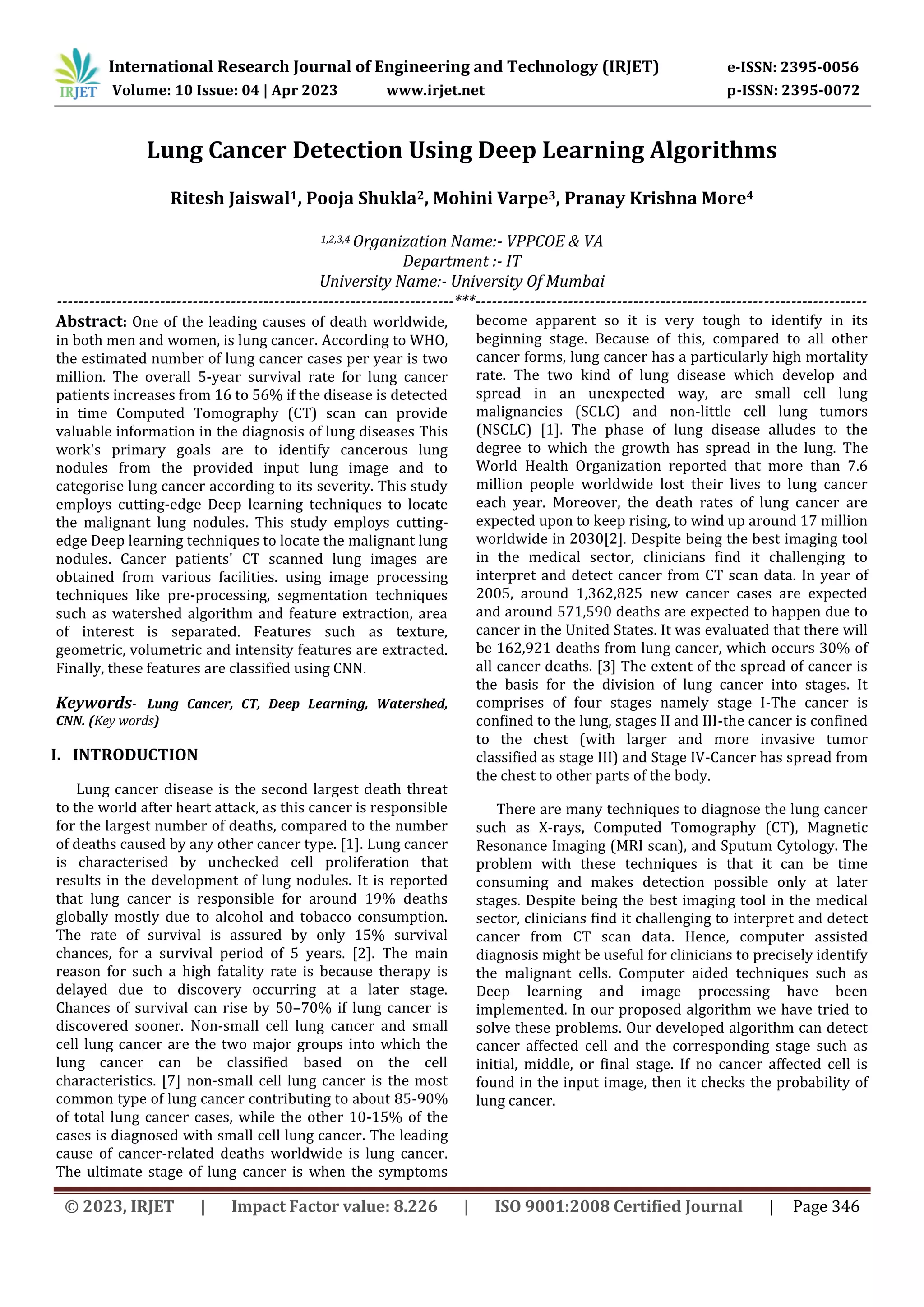 Lung Cancer Detection Using Deep Learning Algorithms Pdf