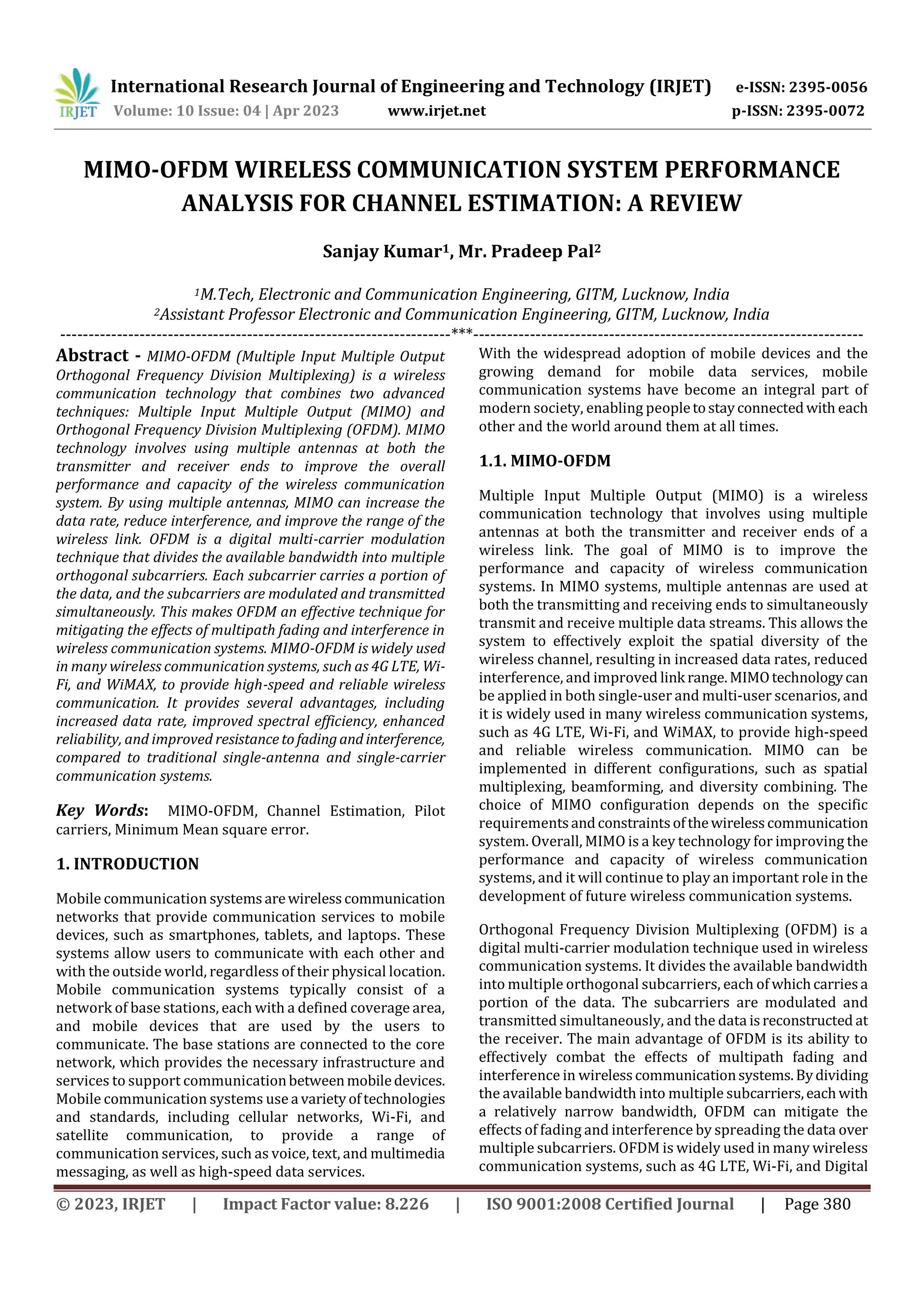 MIMO-OFDM WIRELESS COMMUNICATION SYSTEM PERFORMANCE ANALYSIS FOR CHANNEL ESTIMATION: A REVIEW | PDF