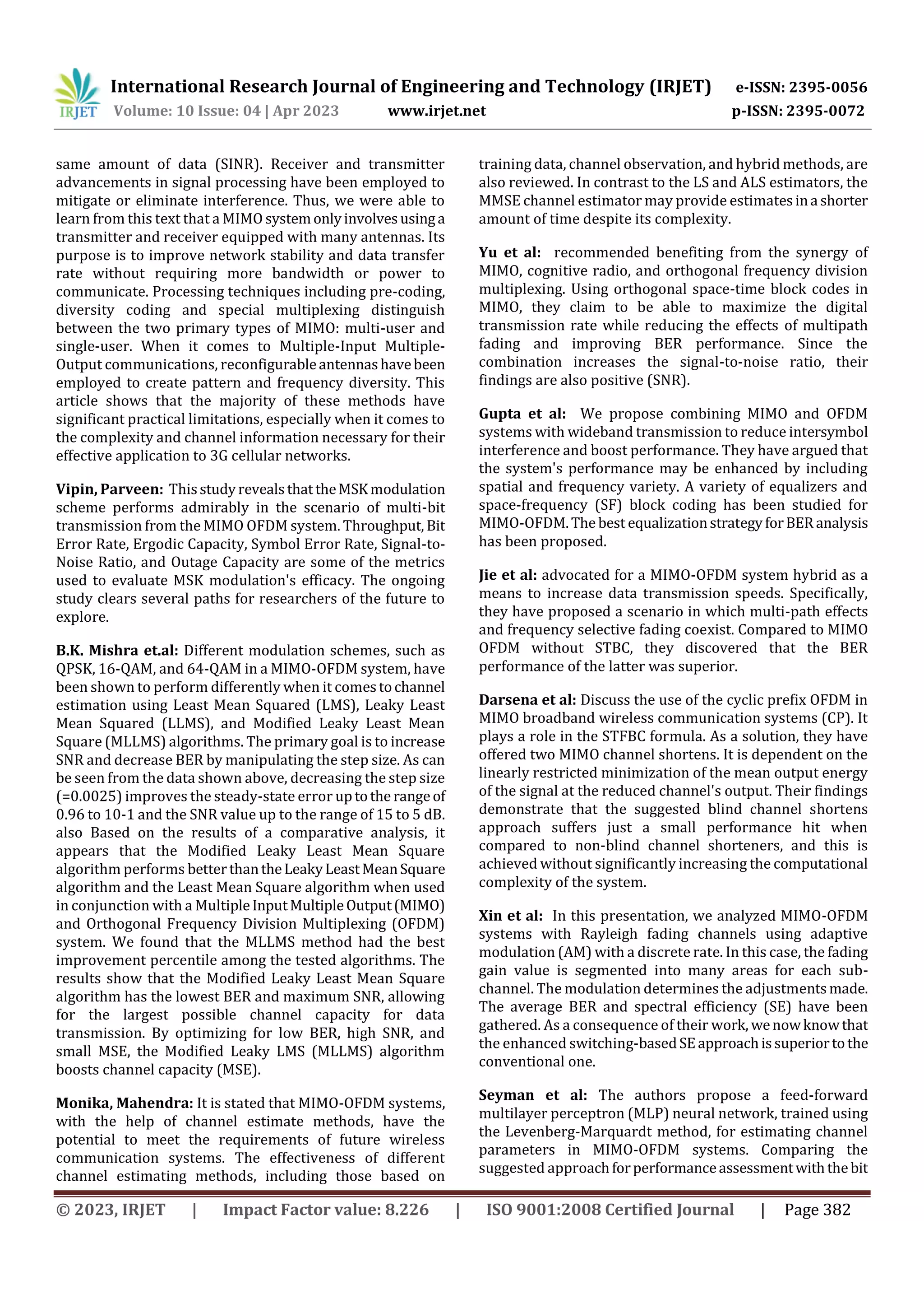 MIMO-OFDM WIRELESS COMMUNICATION SYSTEM PERFORMANCE ANALYSIS FOR CHANNEL ESTIMATION: A REVIEW | PDF