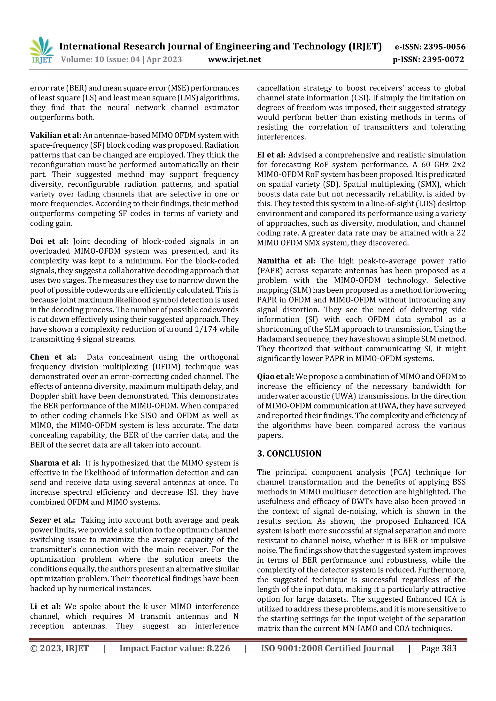 MIMO-OFDM WIRELESS COMMUNICATION SYSTEM PERFORMANCE ANALYSIS FOR CHANNEL ESTIMATION: A REVIEW | PDF
