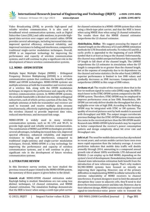 MIMO-OFDM WIRELESS COMMUNICATION SYSTEM PERFORMANCE ANALYSIS FOR CHANNEL ESTIMATION: A REVIEW | PDF