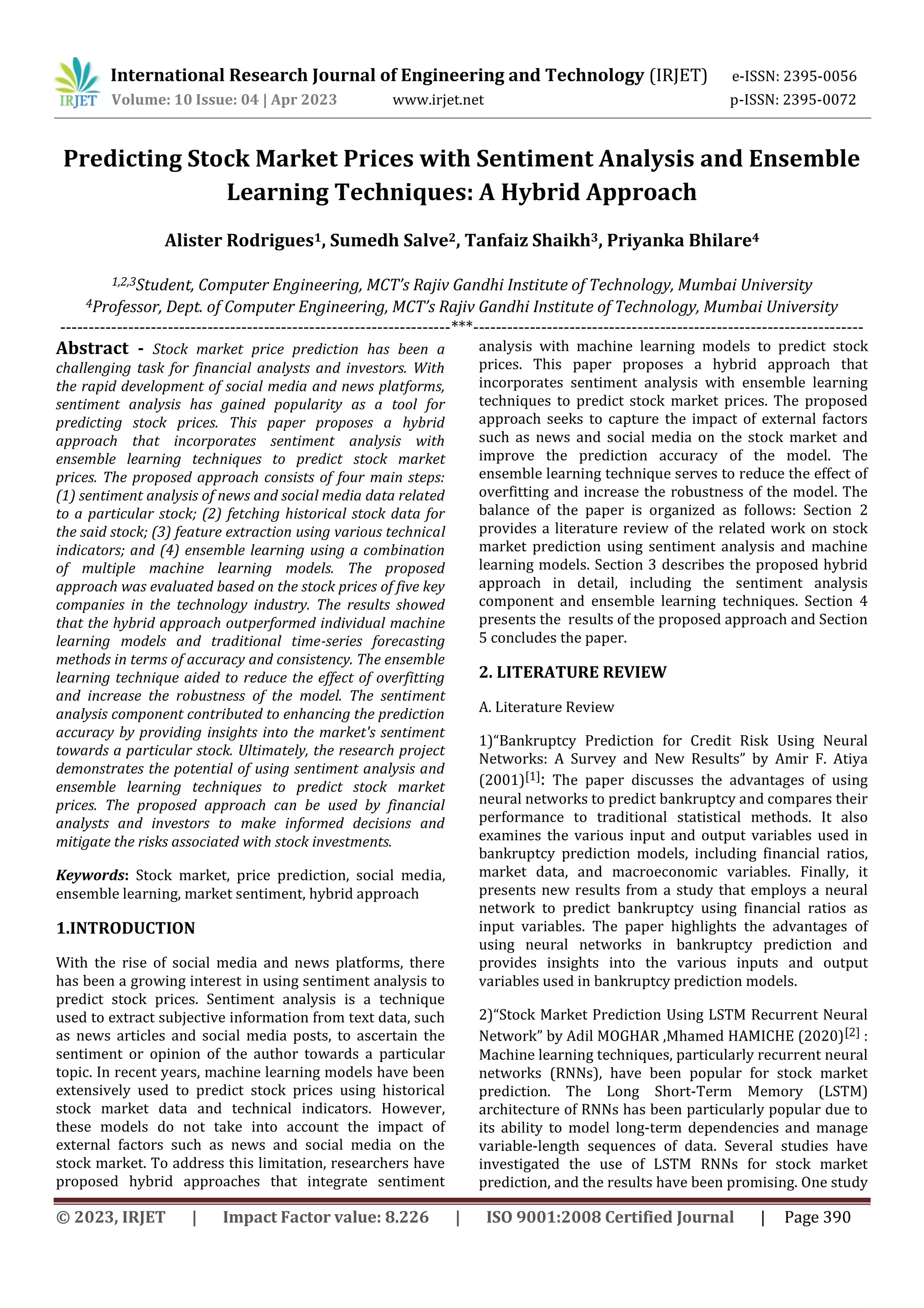 Predicting Stock Market Prices with Sentiment Analysis and Ensemble Learning Techniques: A ...