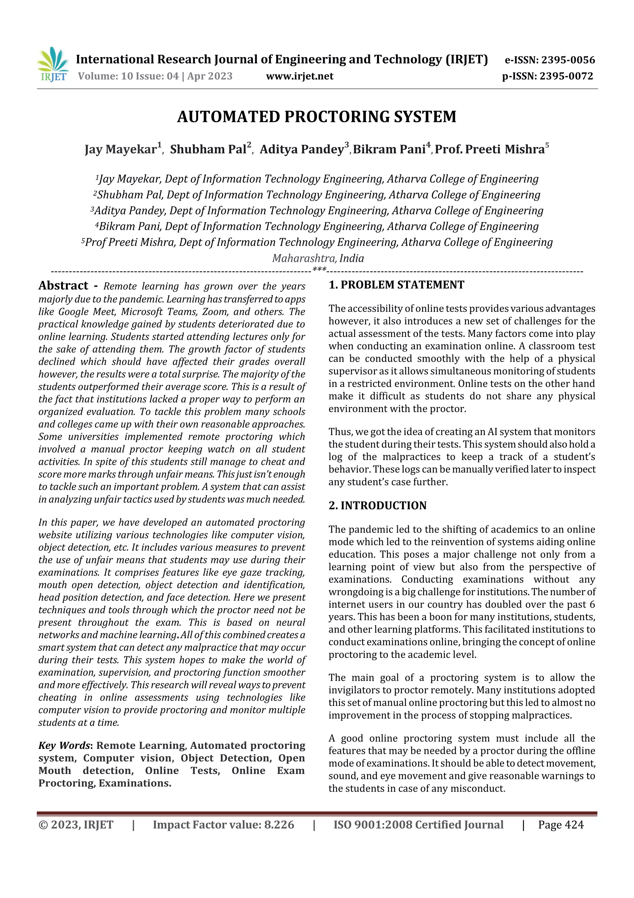 AUTOMATED PROCTORING SYSTEM | PDF
