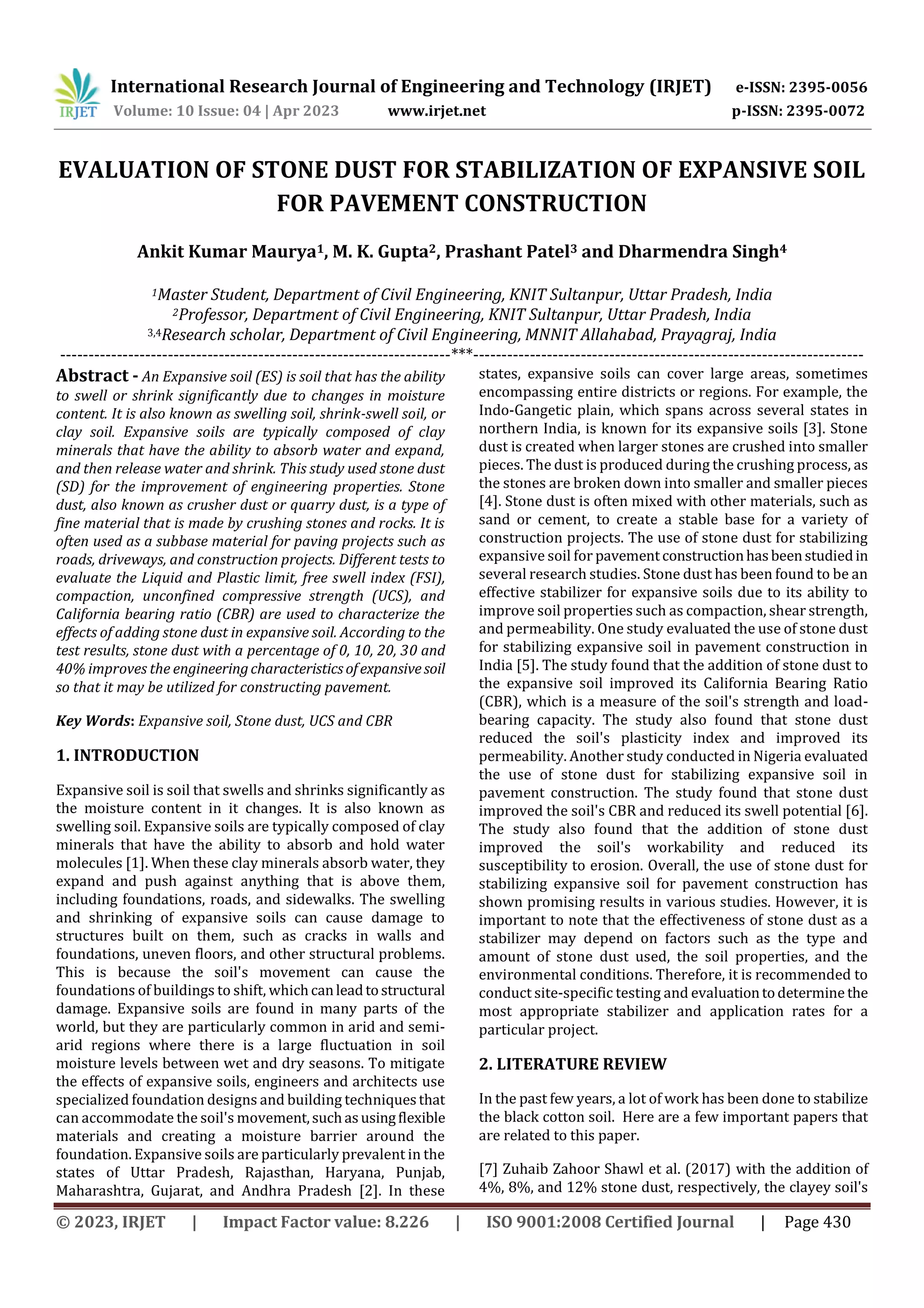 EVALUATION OF STONE DUST FOR STABILIZATION OF EXPANSIVE SOIL FOR ...