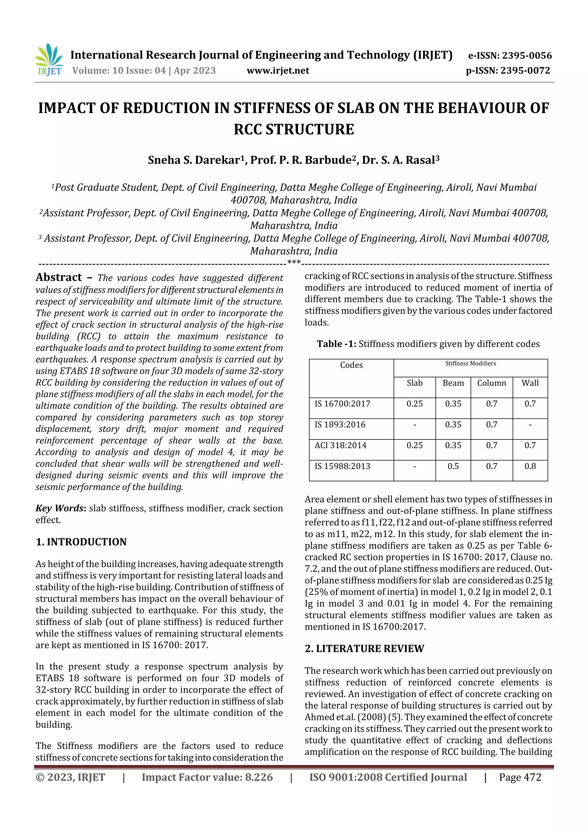 IMPACT OF REDUCTION IN STIFFNESS OF SLAB ON THE BEHAVIOUR OF RCC ...