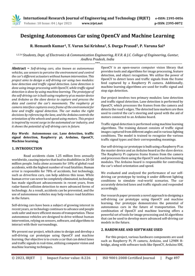 Designing Autonomous Car using OpenCV and Machine Learning | PDF ...