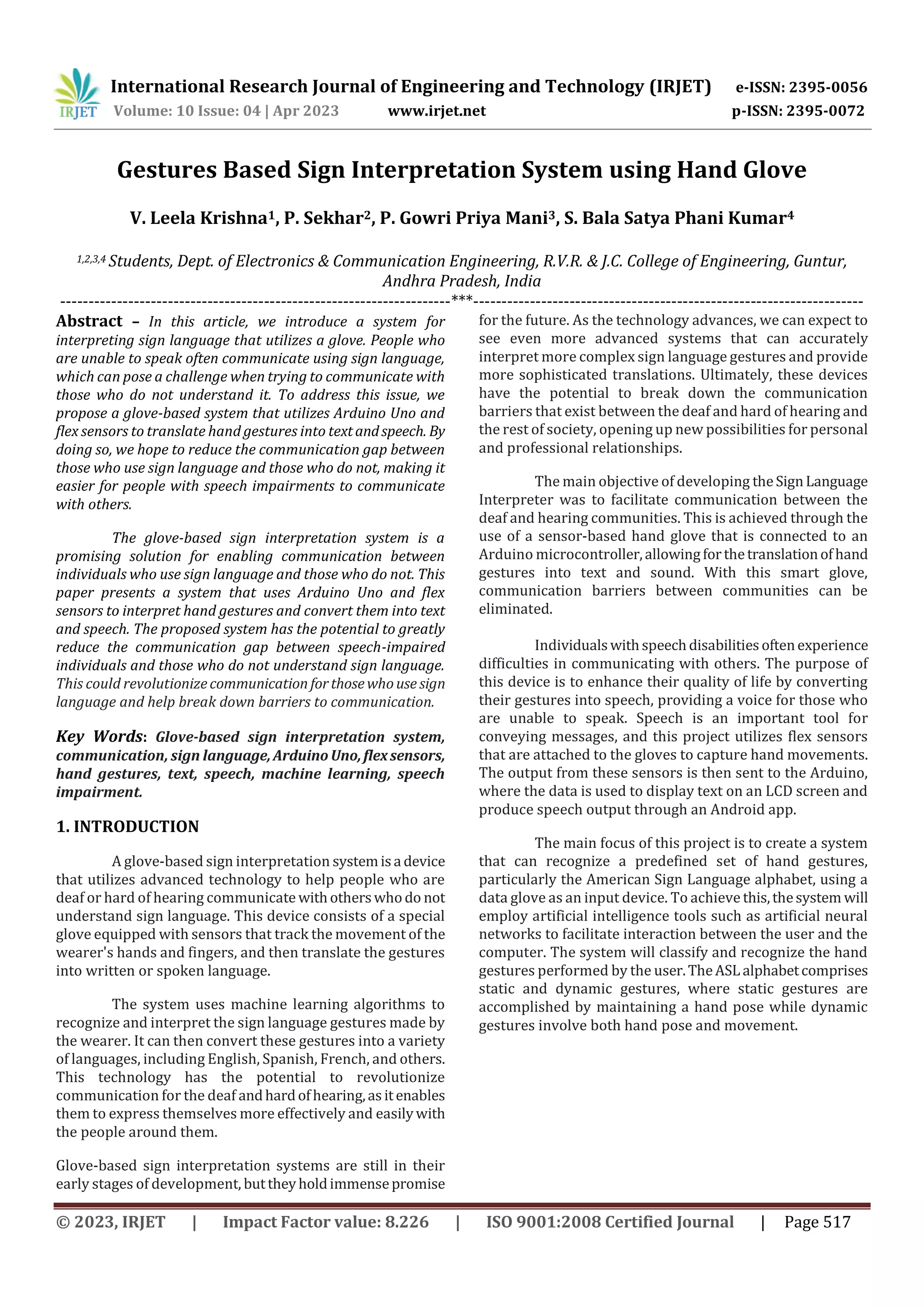 Gestures Based Sign Interpretation System using Hand Glove | PDF