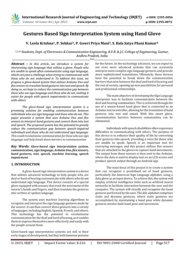 Gestures Based Sign Interpretation System using Hand Glove | PDF