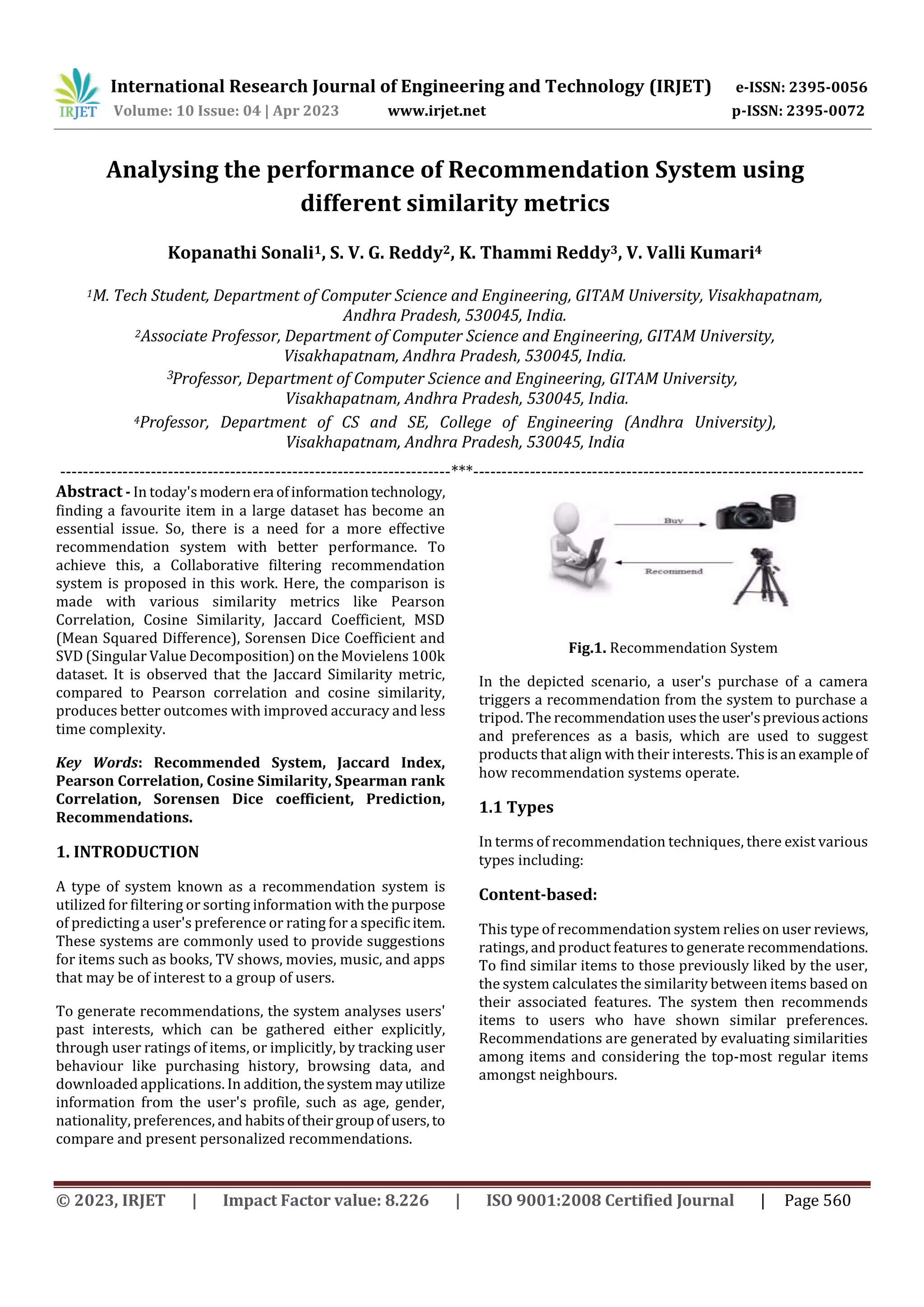 Analysing the performance of Recommendation System using different similarity metrics | PDF ...