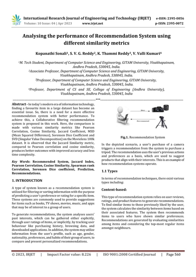Analysing the performance of Recommendation System using different similarity metrics | PDF ...