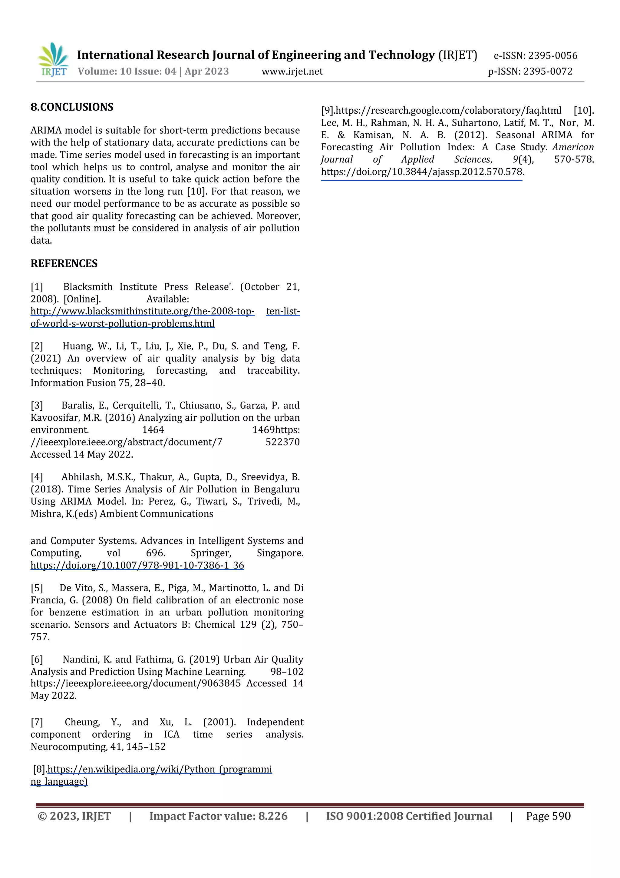 Analysis Of Air Pollutants Affecting The Air Quality Using ARIMA | PDF
