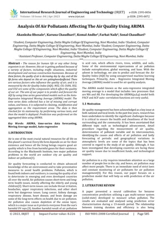 Analysis Of Air Pollutants Affecting The Air Quality Using ARIMA | PDF