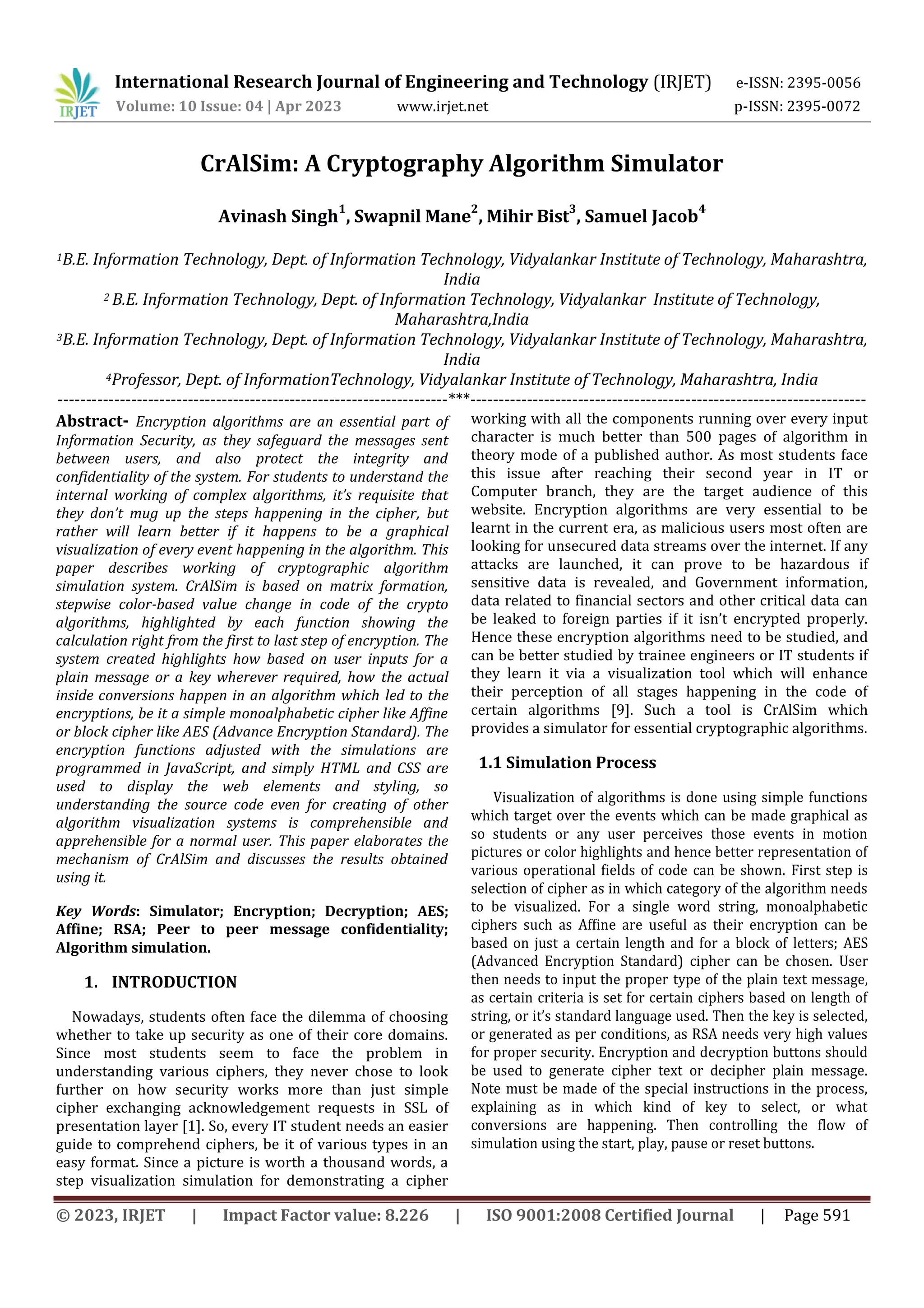 CrAlSim: A Cryptography Algorithm Simulator | PDF