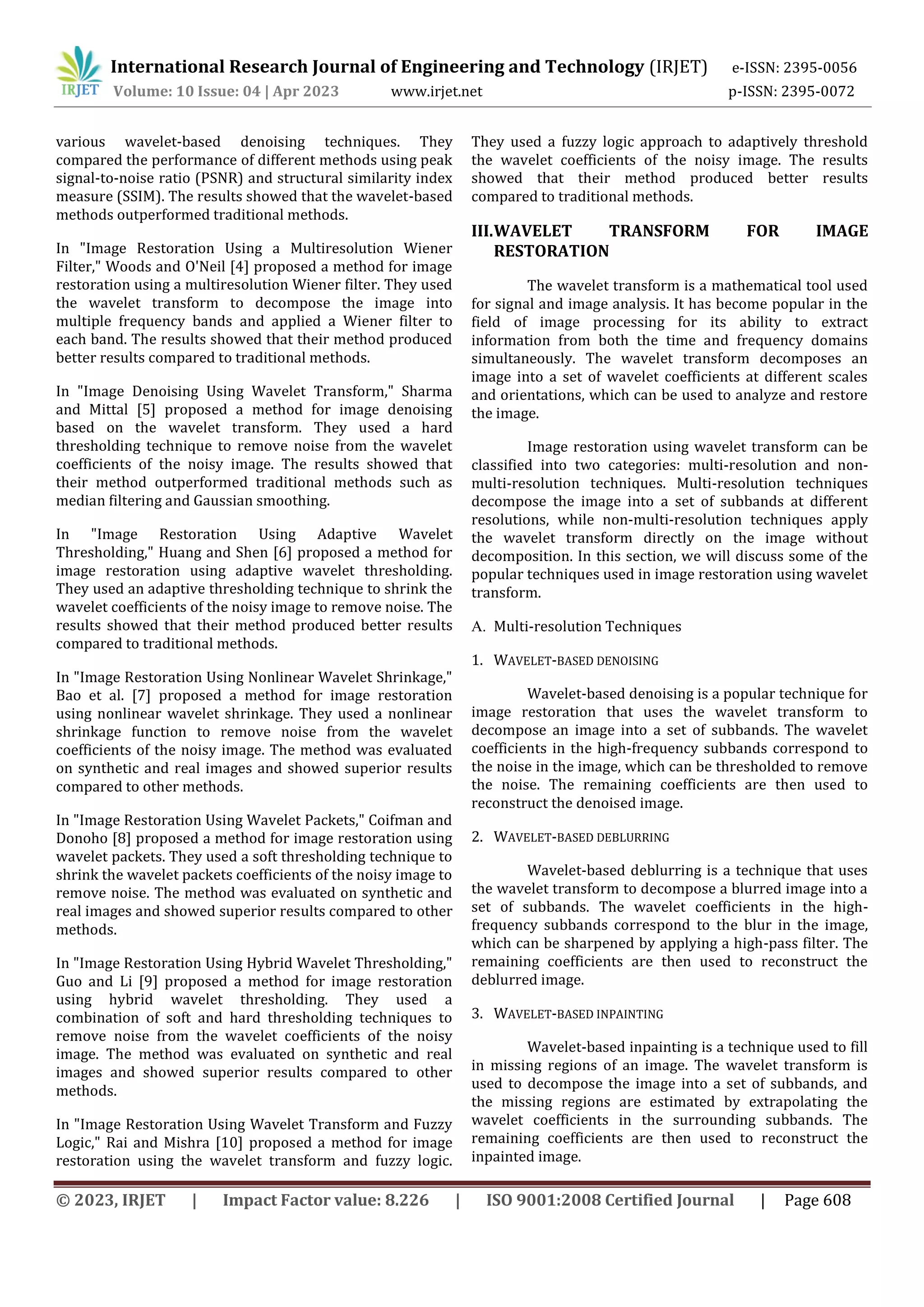 Image Restoration Using Wavelet Transform | PDF