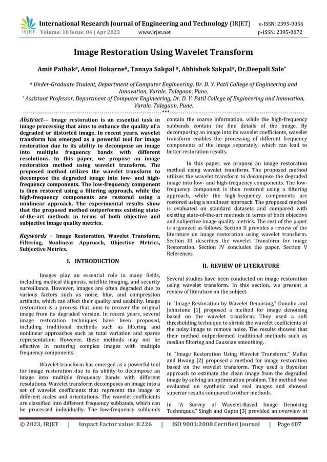 Image Restoration Using Wavelet Transform | PDF