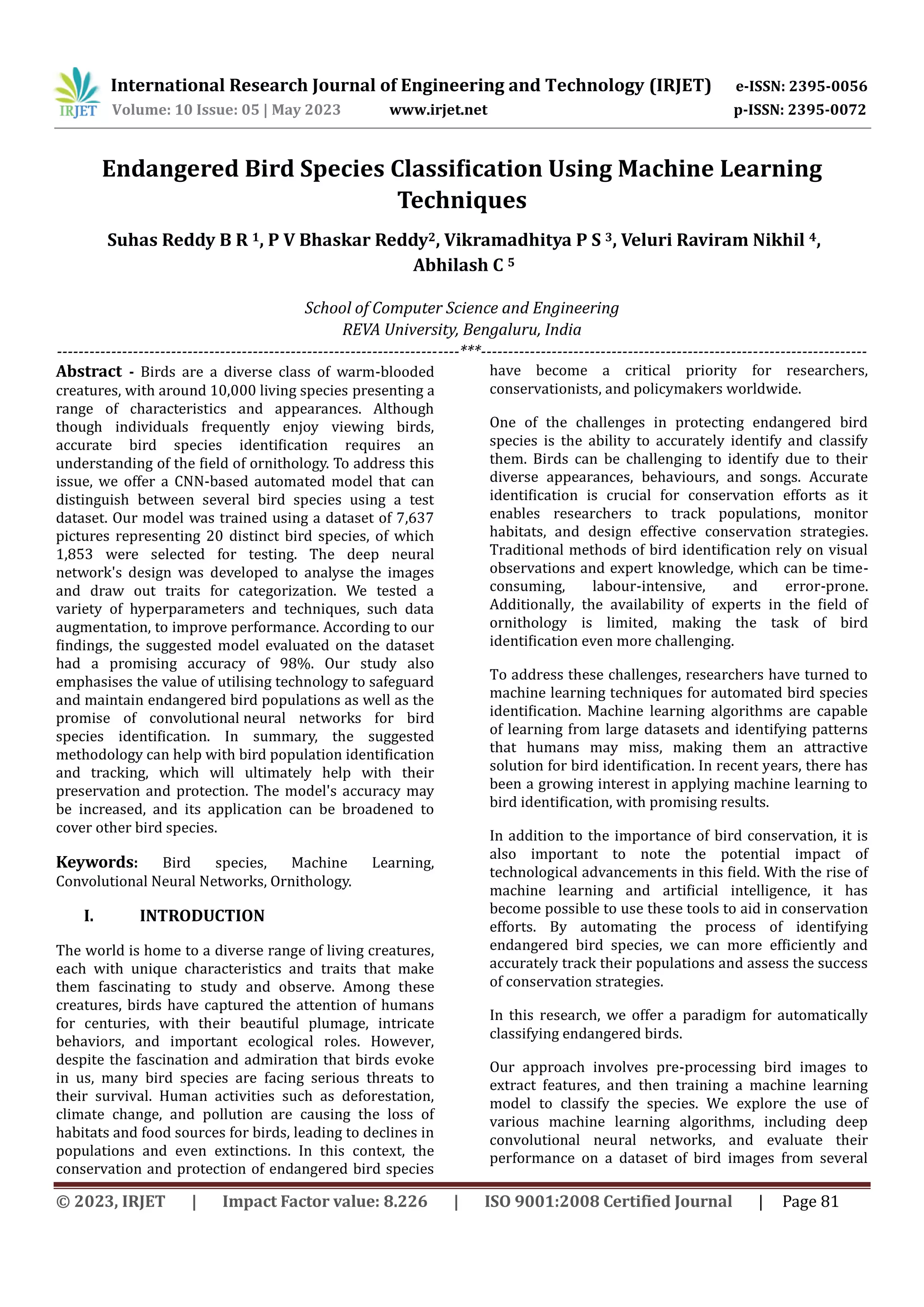 Endangered Bird Species Classification Using Machine Learning Techniques | PDF