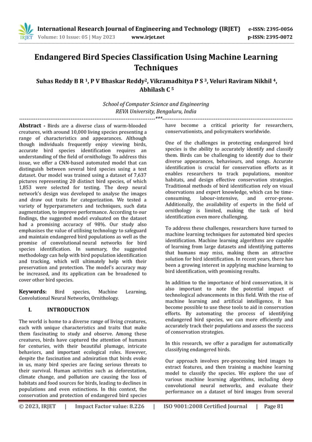 Endangered Bird Species Classification Using Machine Learning Techniques | PDF