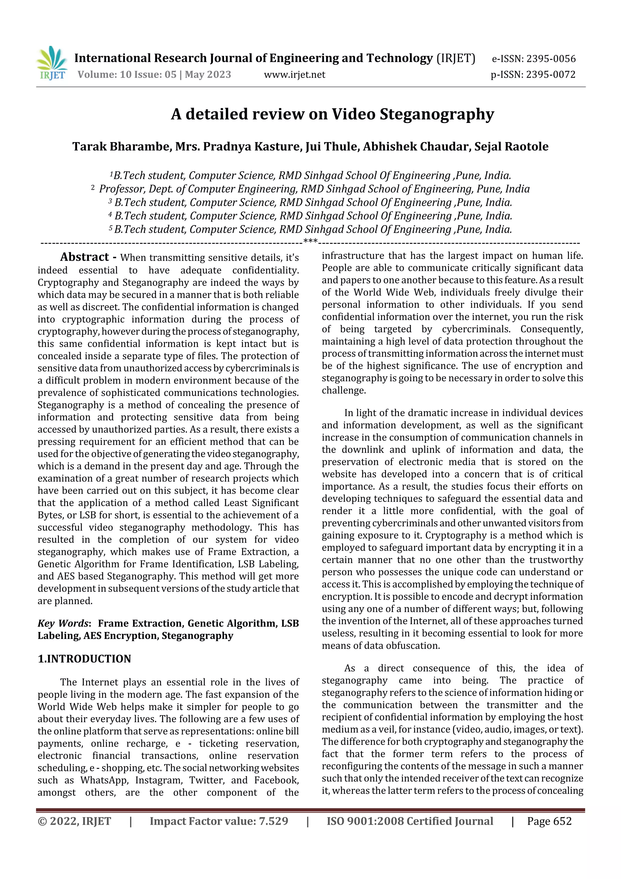 A detailed review on Video Steganography | PDF