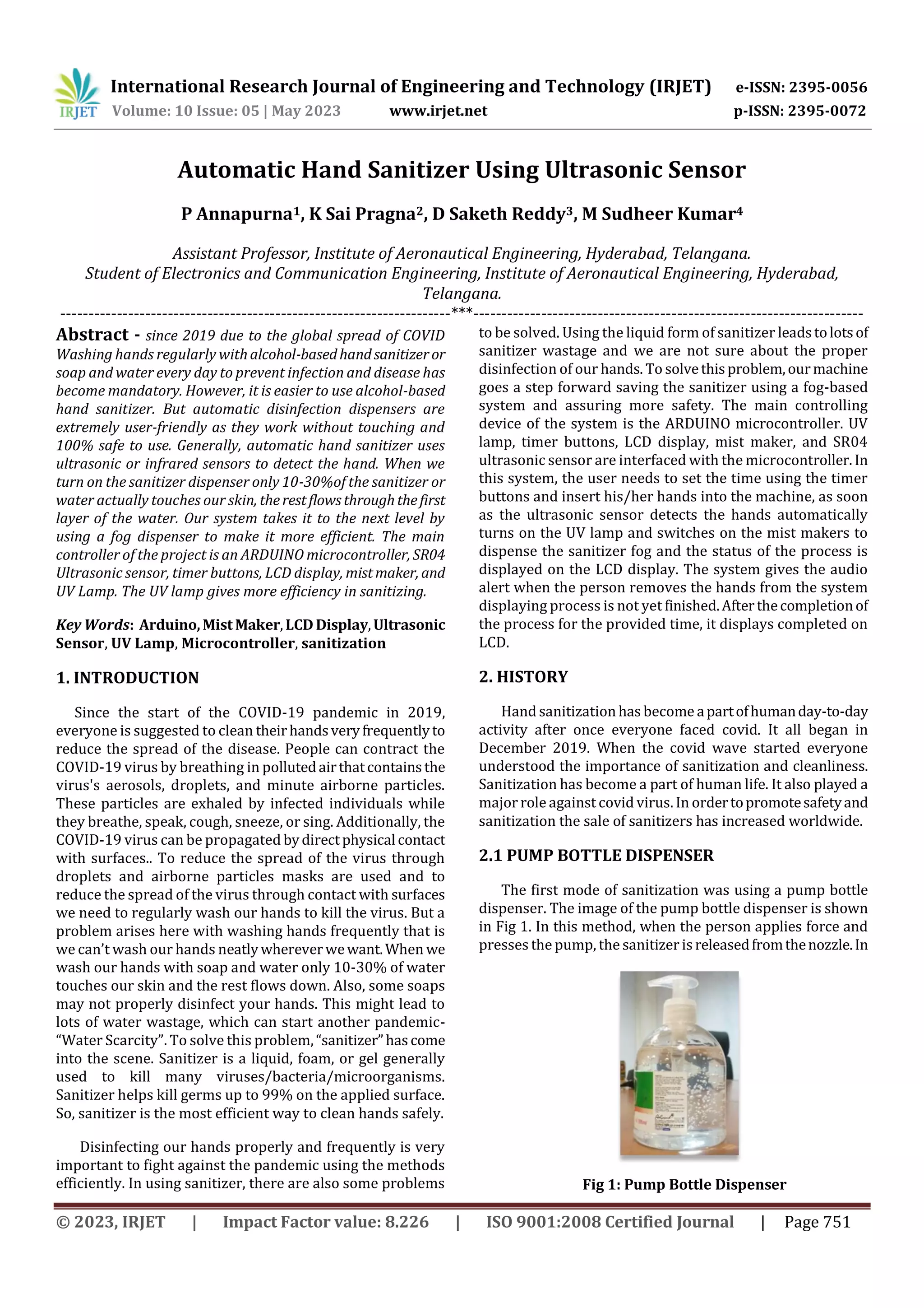 Automatic Hand Sanitizer Using Ultrasonic Sensor | PDF