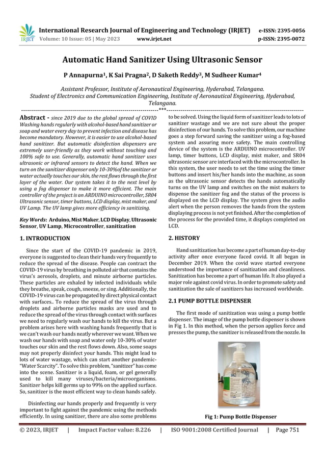 Automatic Hand Sanitizer Using Ultrasonic Sensor | PDF