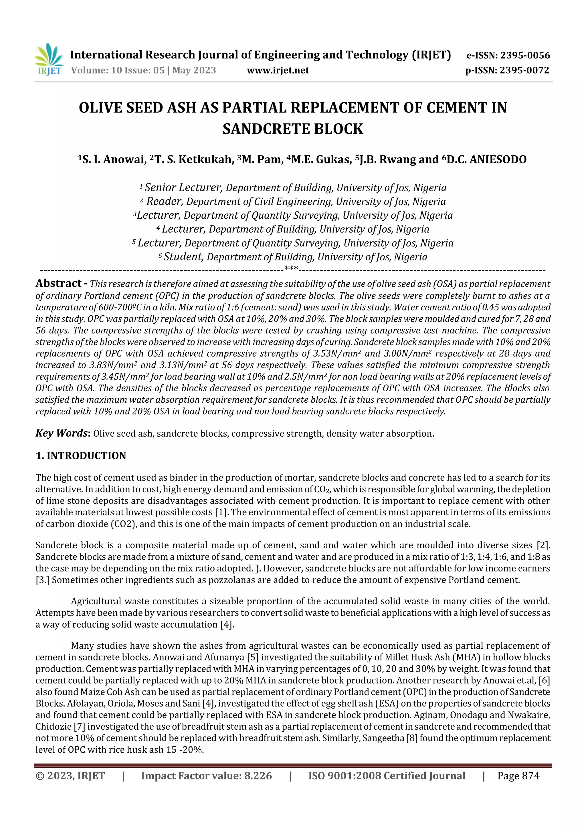 OLIVE SEED ASH AS PARTIAL REPLACEMENT OF CEMENT IN SANDCRETE BLOCK | PDF
