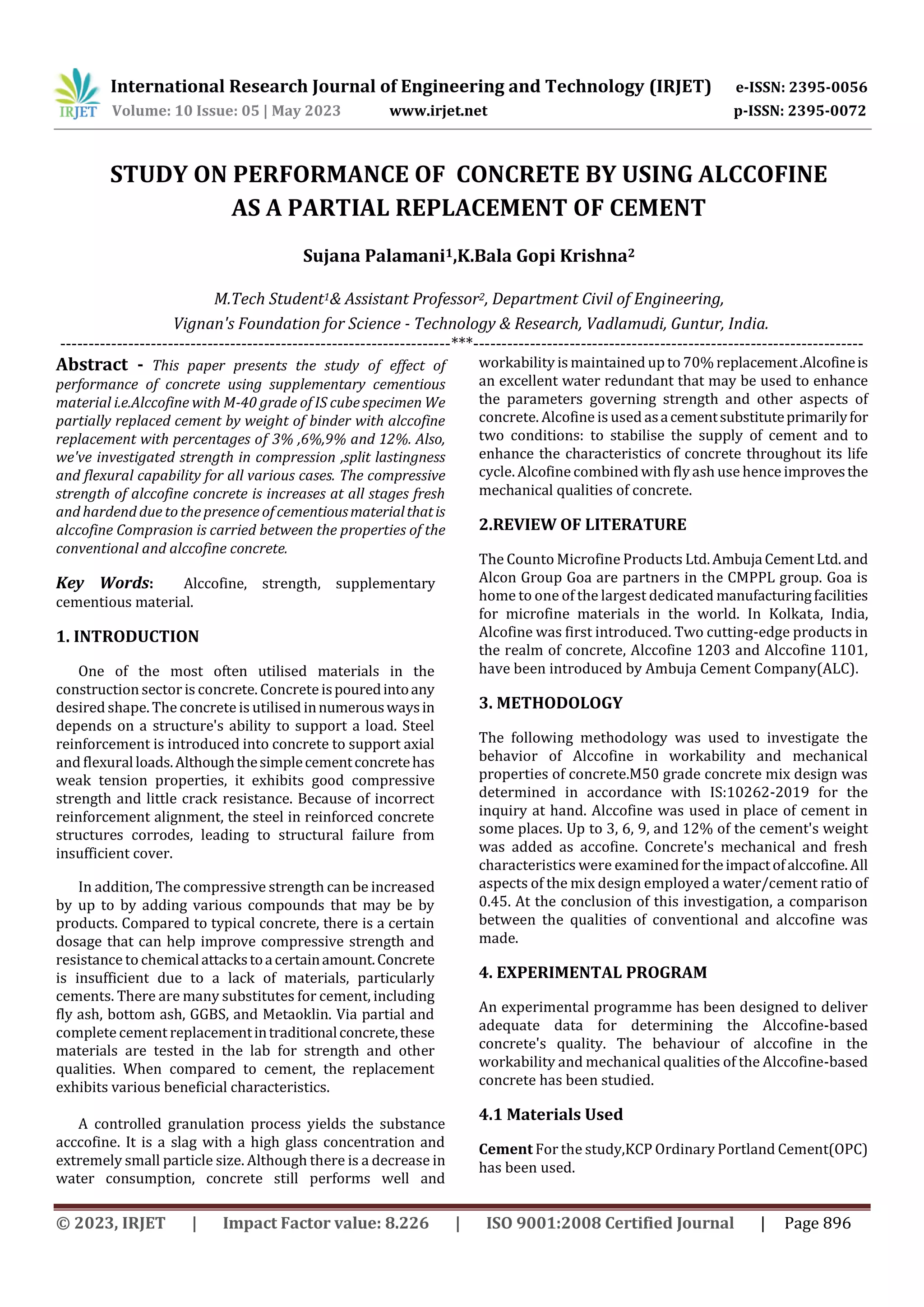 STUDY ON PERFORMANCE OF CONCRETE BY USING ALCCOFINE AS A PARTIAL REPLACEMENT OF CEMENT | PDF