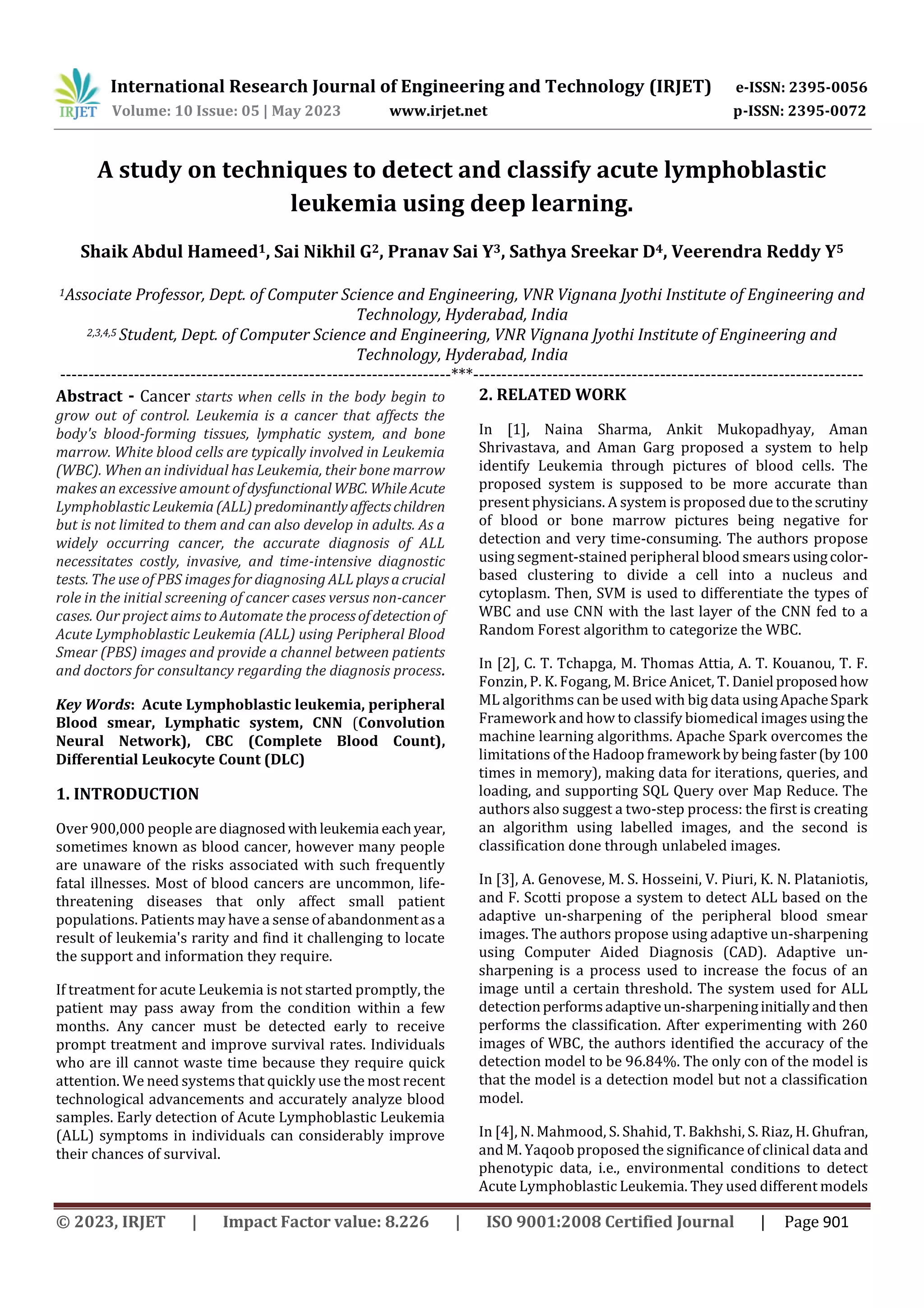A study on techniques to detect and classify acute lymphoblastic leukemia using deep learning. | PDF