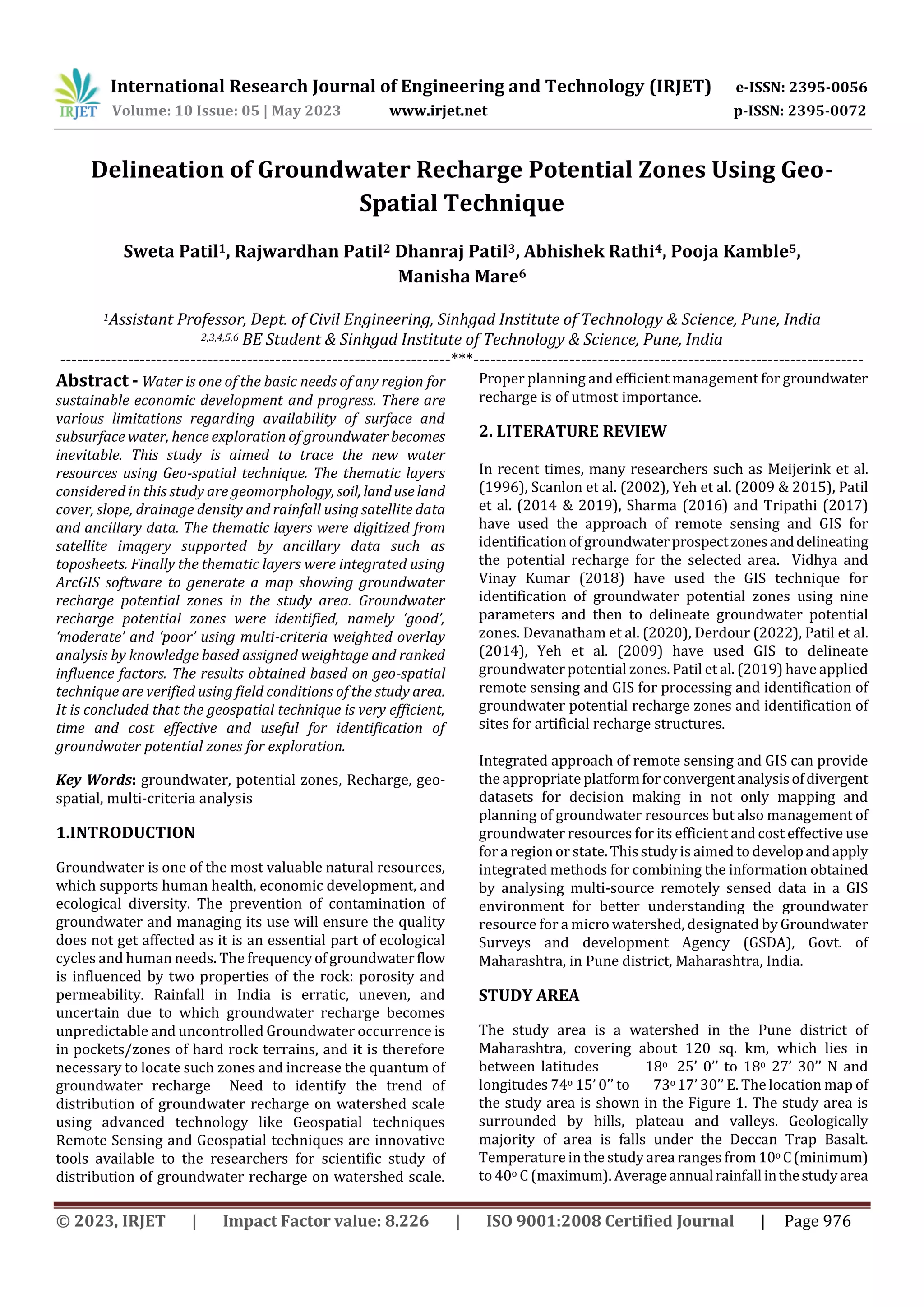 Delineation of Groundwater Recharge Potential Zones Using Geo- Spatial Technique | PDF