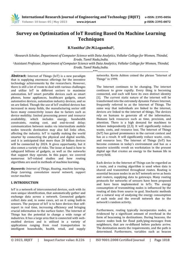 Survey on Optimization of IoT Routing Based On Machine Learning Techniques | PDF