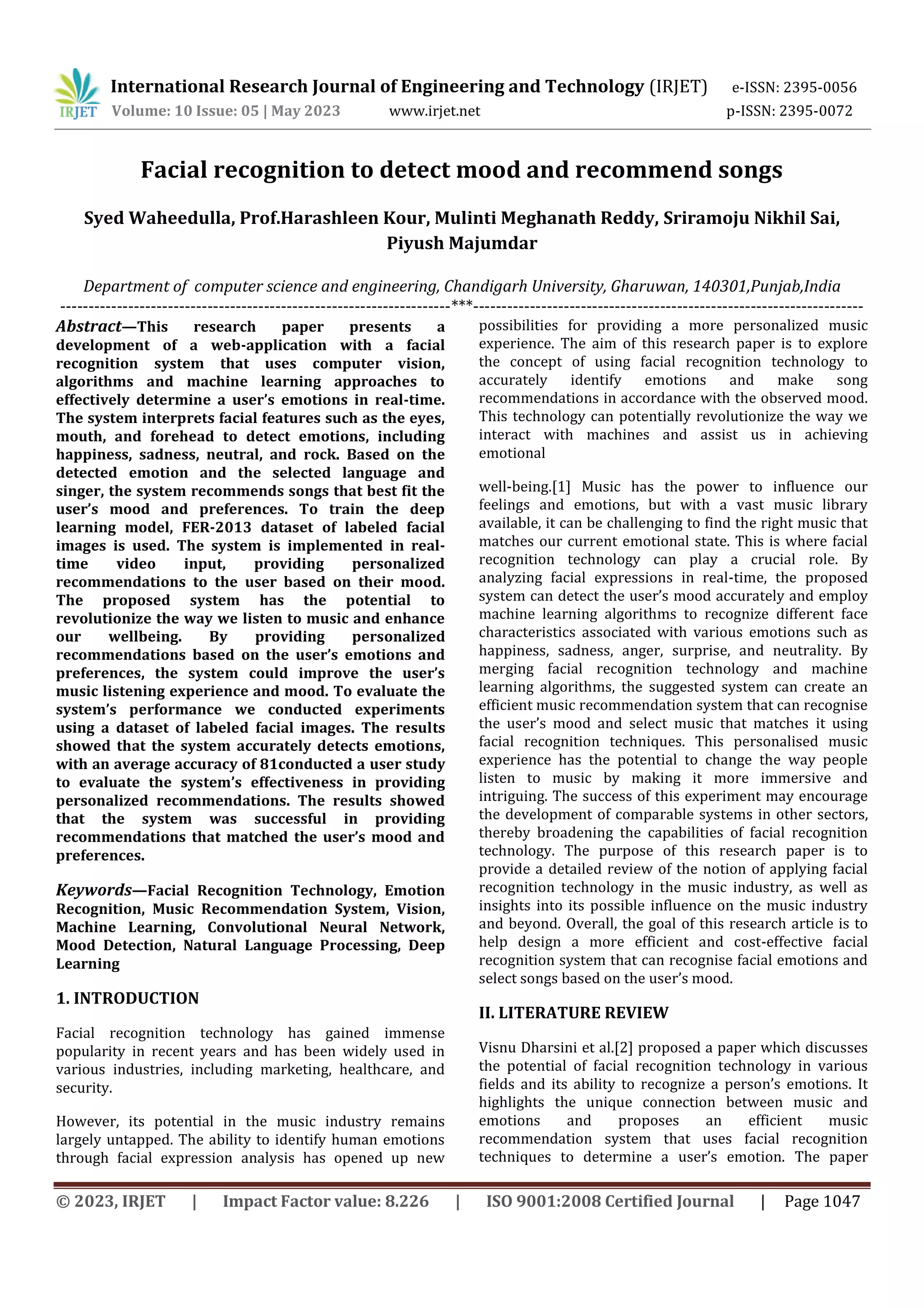 Facial recognition to detect mood and recommend songs | PDF