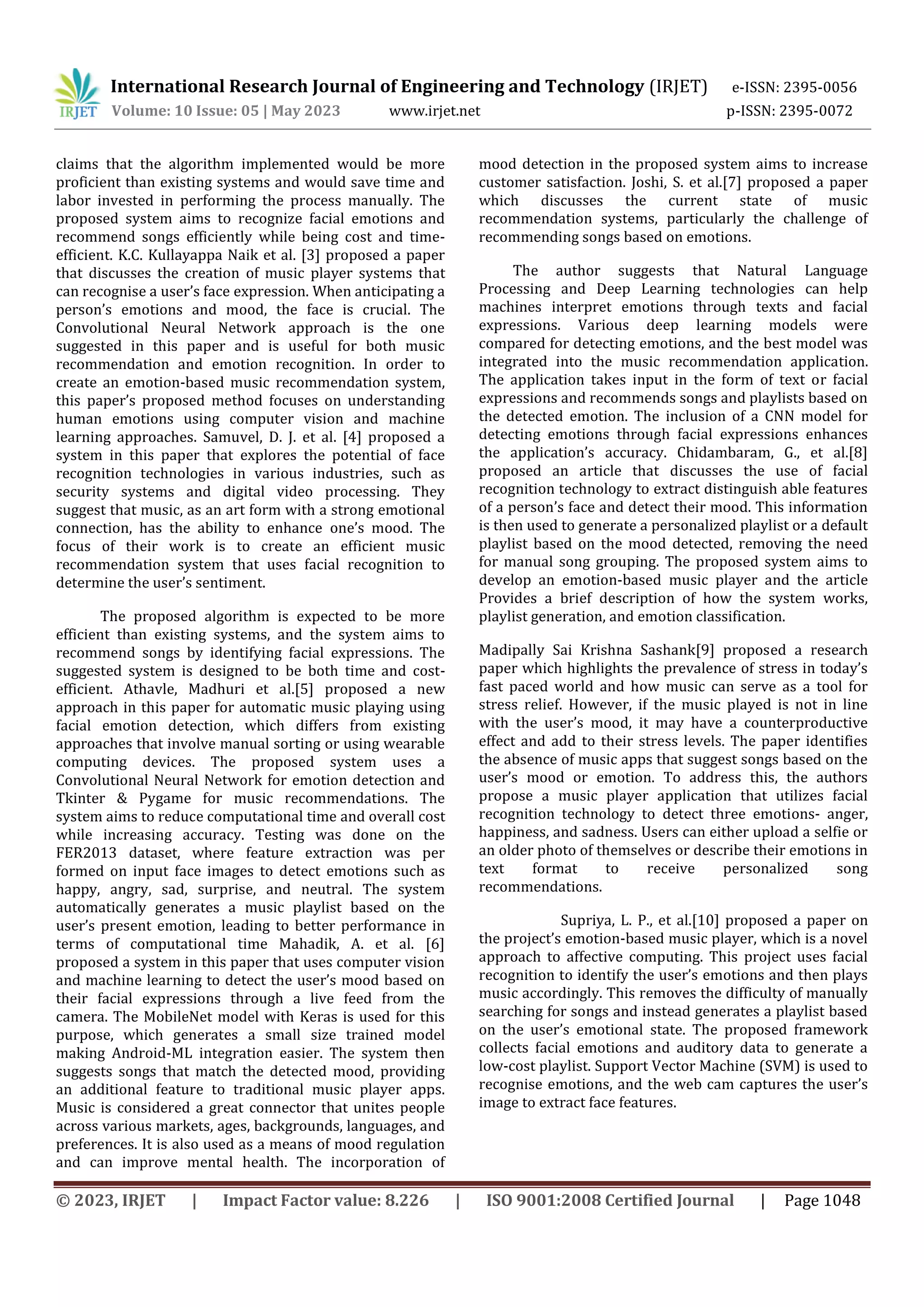 Facial recognition to detect mood and recommend songs | PDF