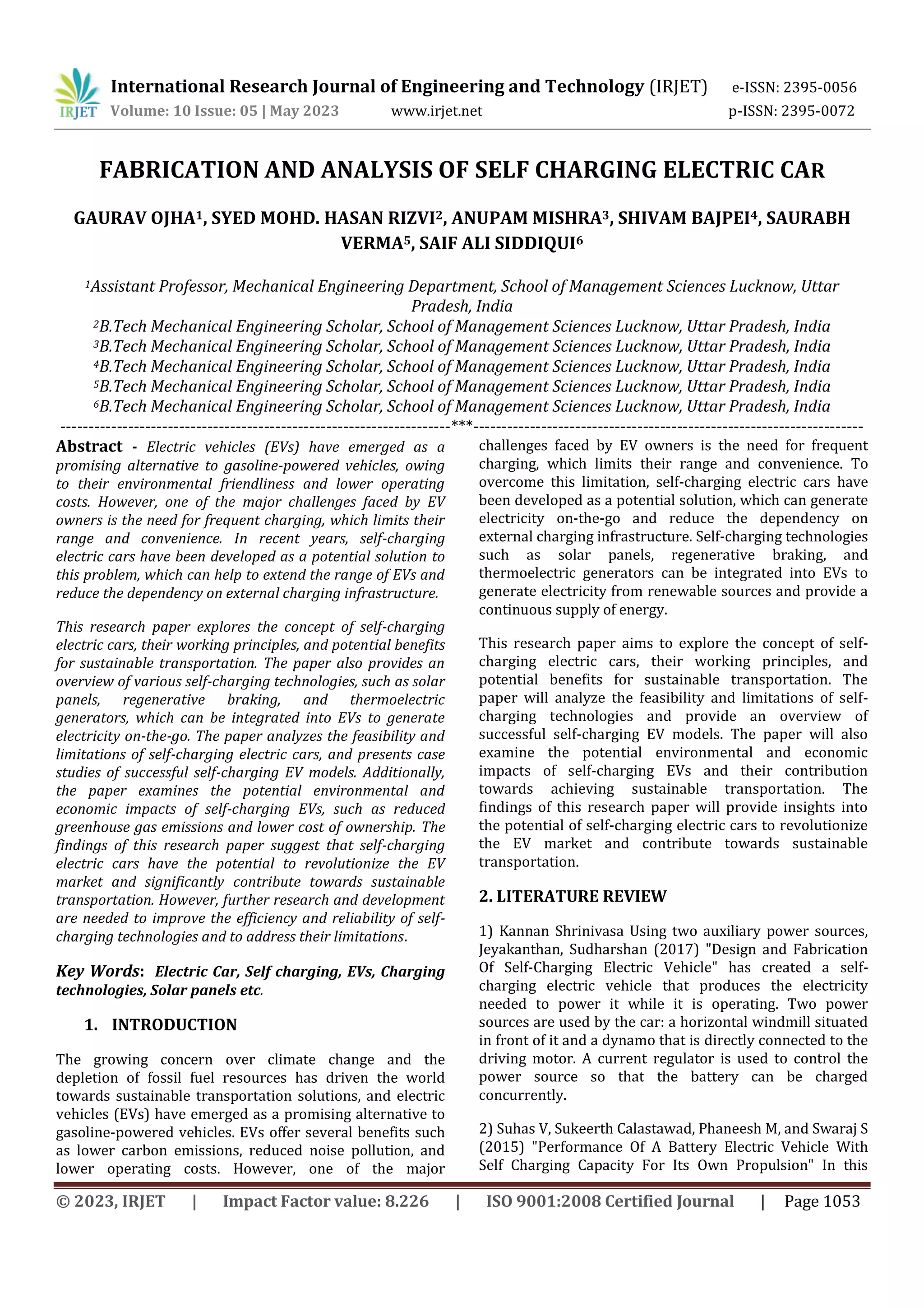 FABRICATION AND ANALYSIS OF SELF CHARGING ELECTRIC CAR | PDF