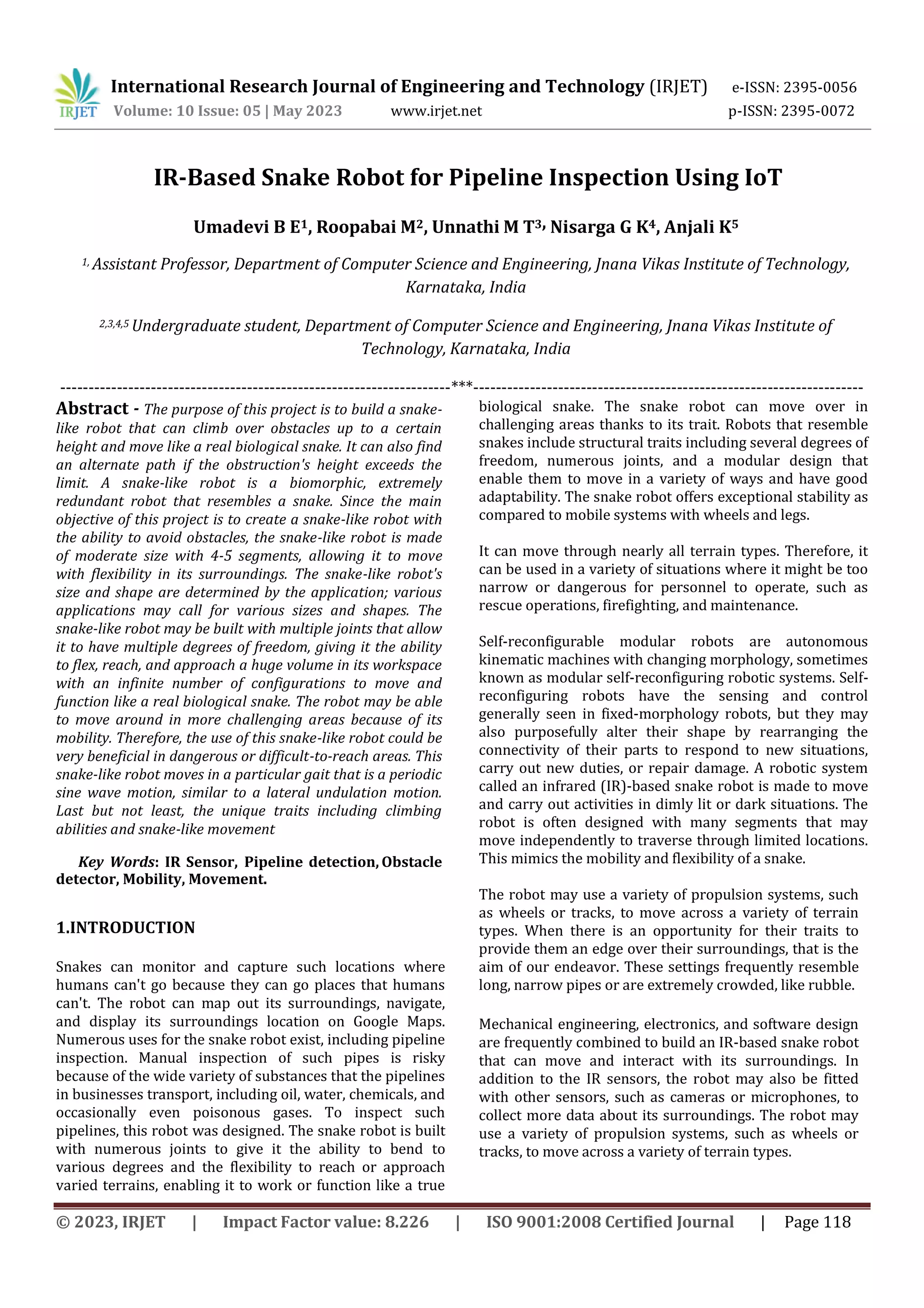 IR-Based Snake Robot for Pipeline Inspection Using IoT | PDF