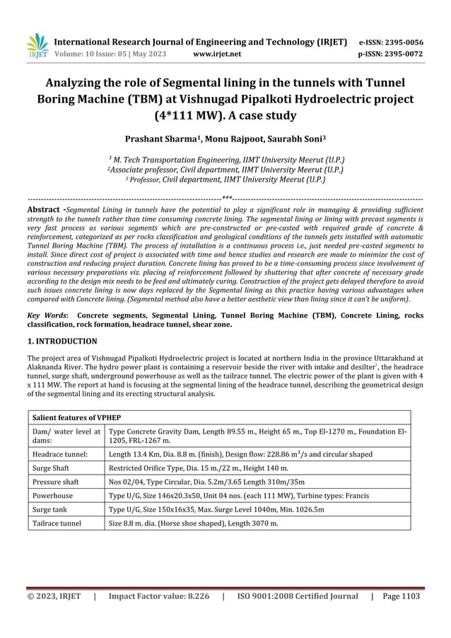 Analyzing the role of Segmental lining in the tunnels with Tunnel Boring Machine (TBM) at ...