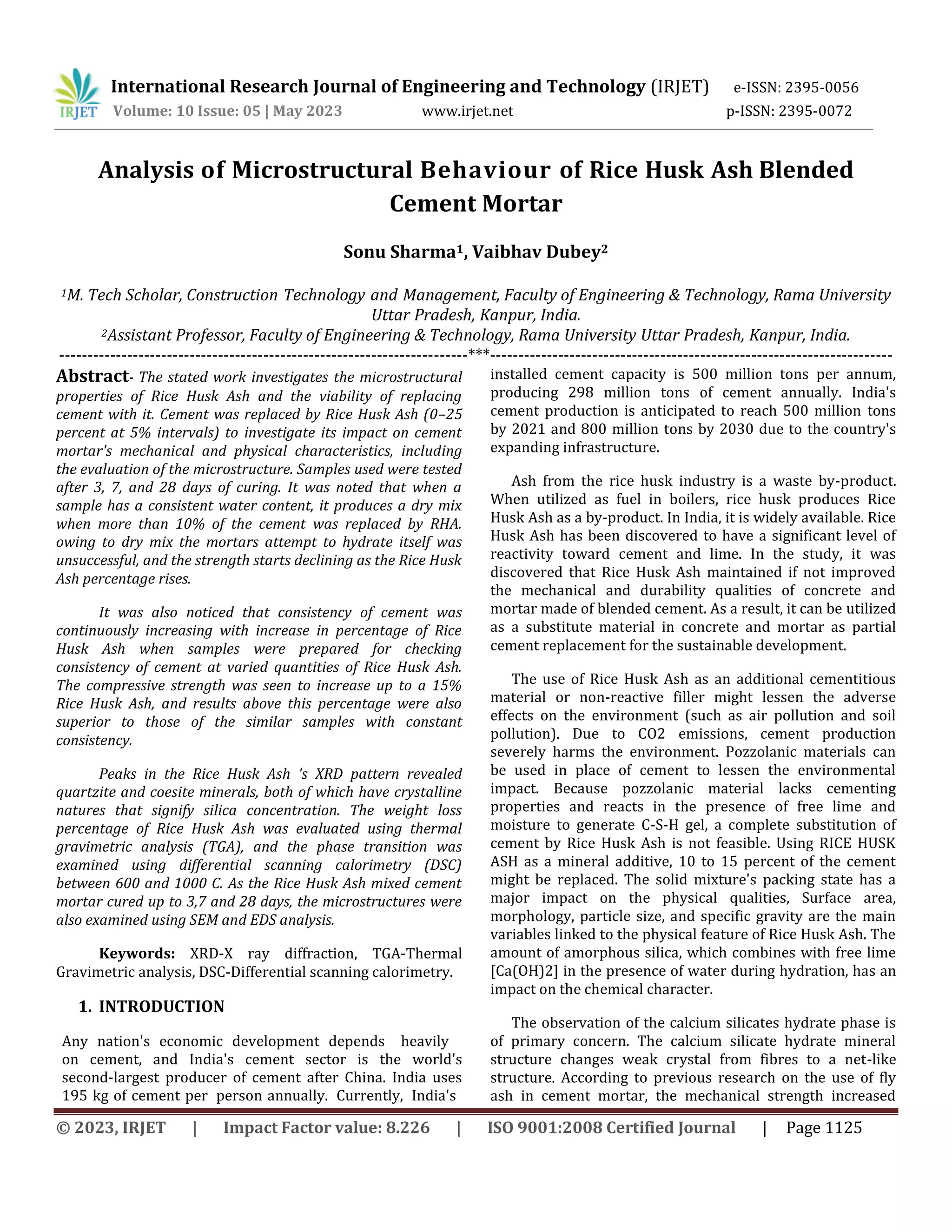 Analysis of Microstructural Behaviour of Rice Husk Ash Blended Cement Mortar | PDF